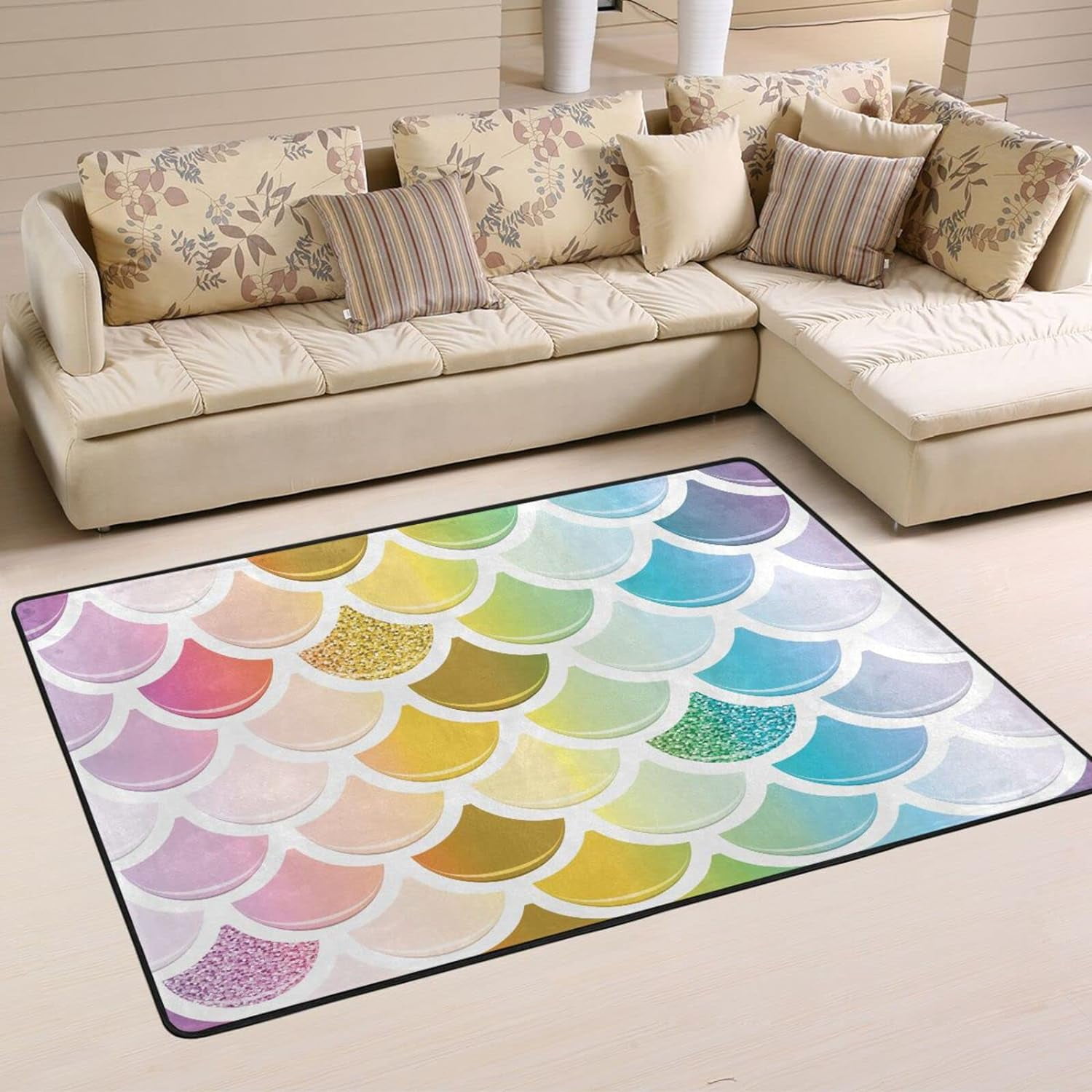 SKYSONIC Gold Glitter Mermaid Tail Non-Slip Area Rug, Bling Magic Floor ...