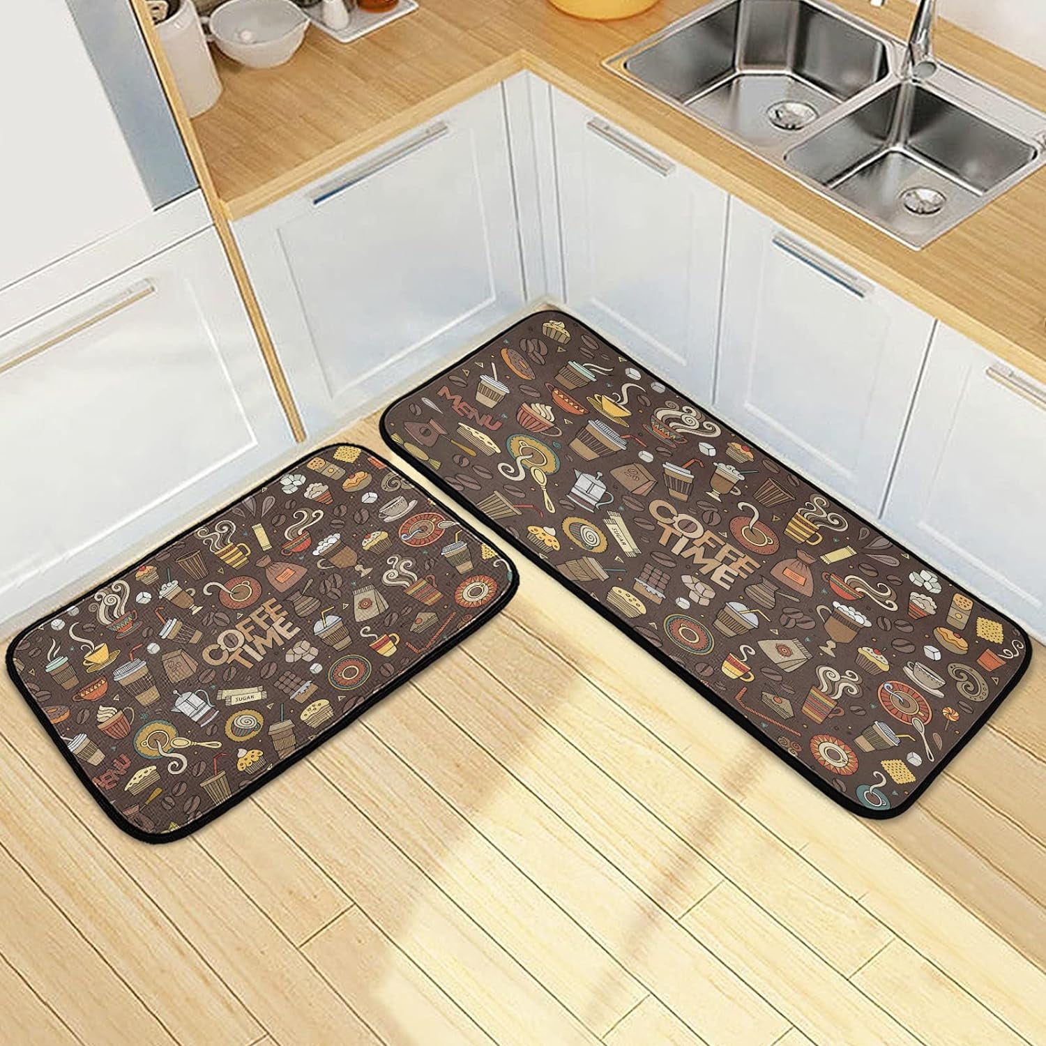 SKYSONIC Graffiti Brown Cartoon Kitchen Rugs Set of 2, Coffee Time ...