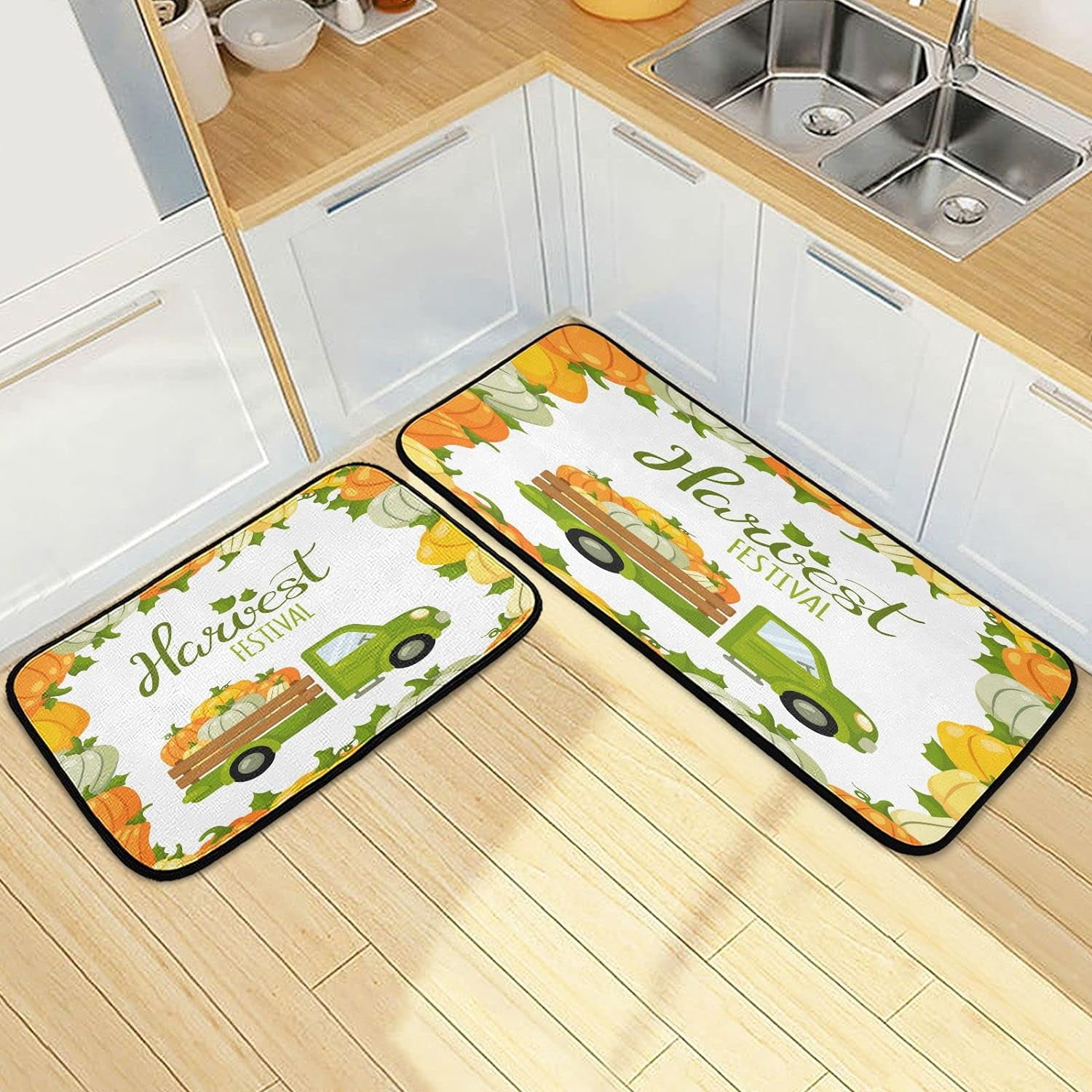SKYSONIC Green Harvest Truck Kitchen Rugs Set of 2, Pumpkins Autumn ...