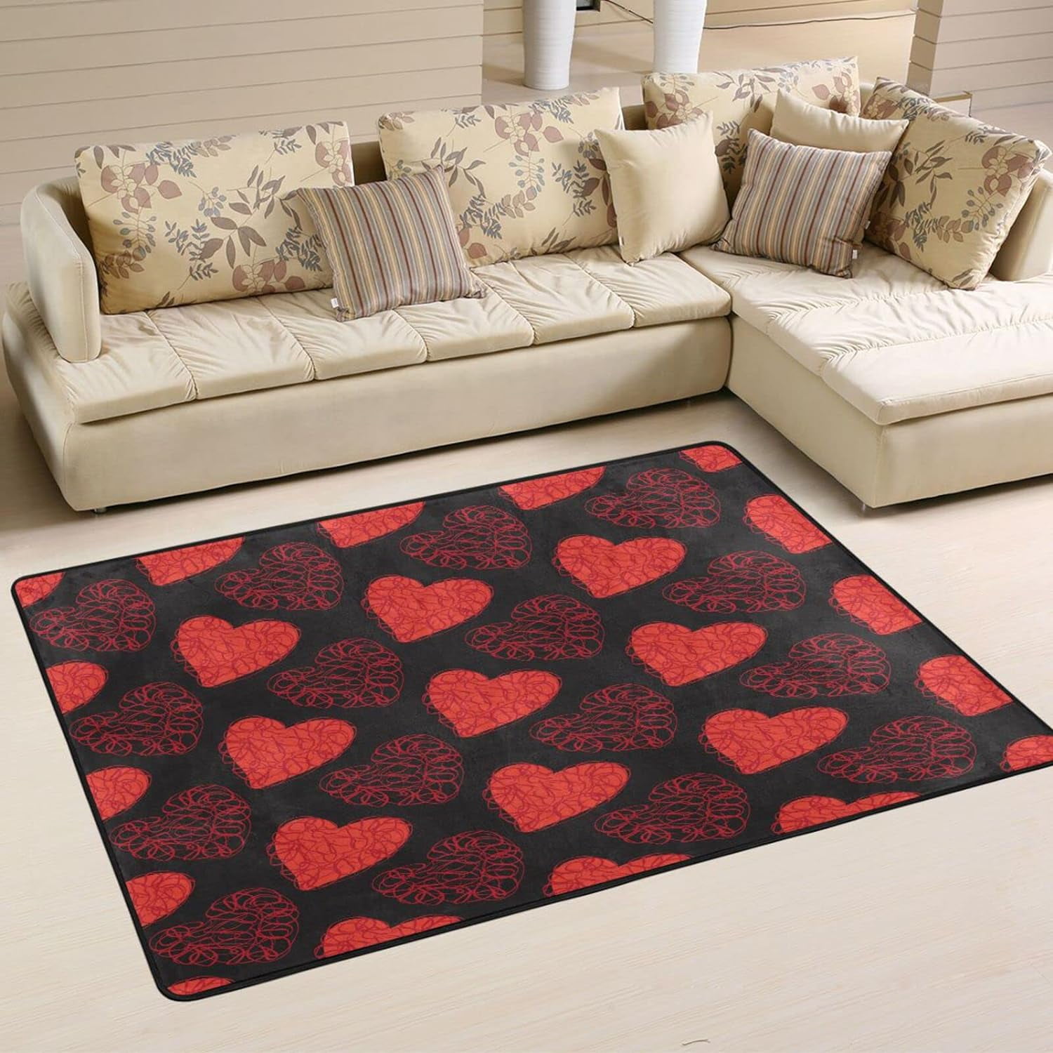 SKYSONIC Grunge Valentines Hearts Non-Slip Area Rug, Black Red Love ...
