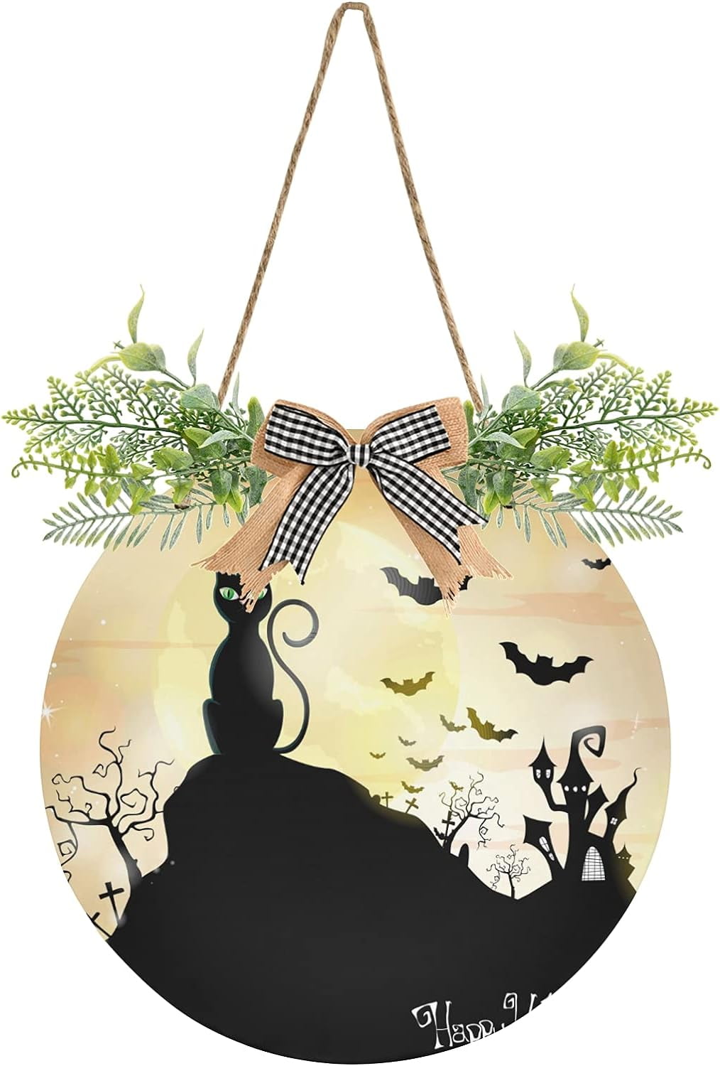 SKYSONIC Halloween Bat Welcome Sign Front Door Decoration Round Door ...