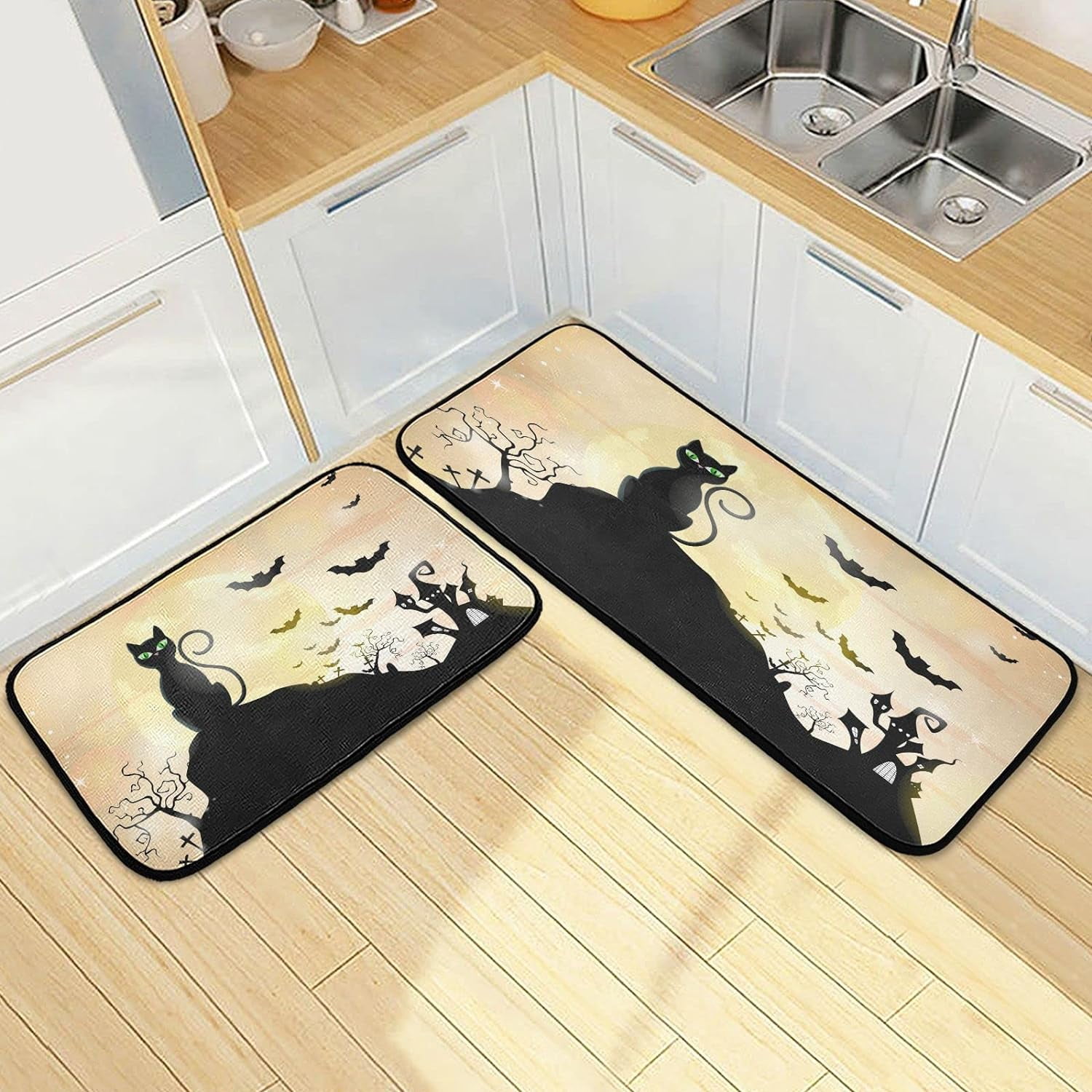 SKYSONIC Halloween Black Cat Kitchen Rugs 2 Pieces, Spooky Castle Night ...