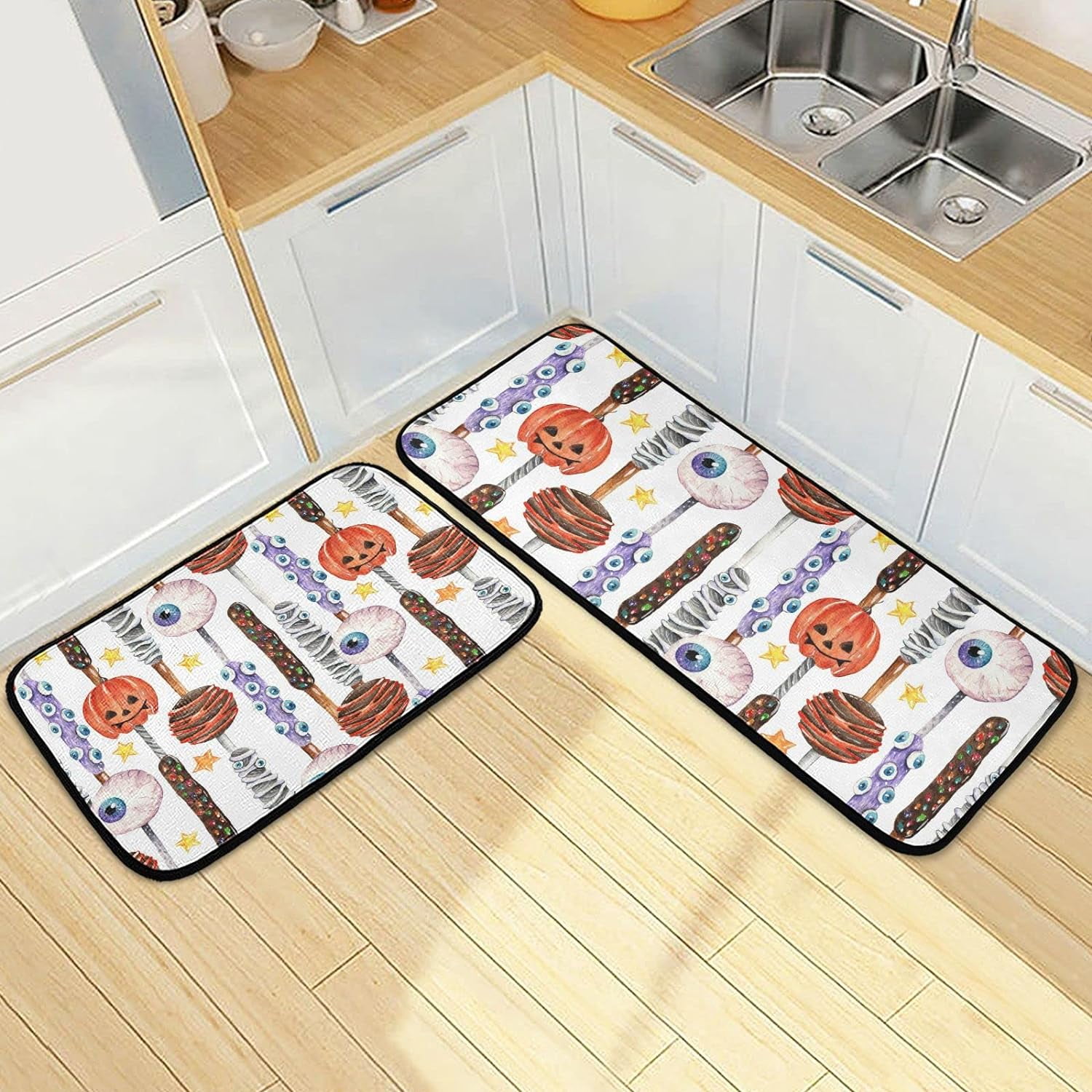 SKYSONIC Halloween Eyeball Pumpkin Kitchen Rugs 2 Pieces, Scary Candy ...