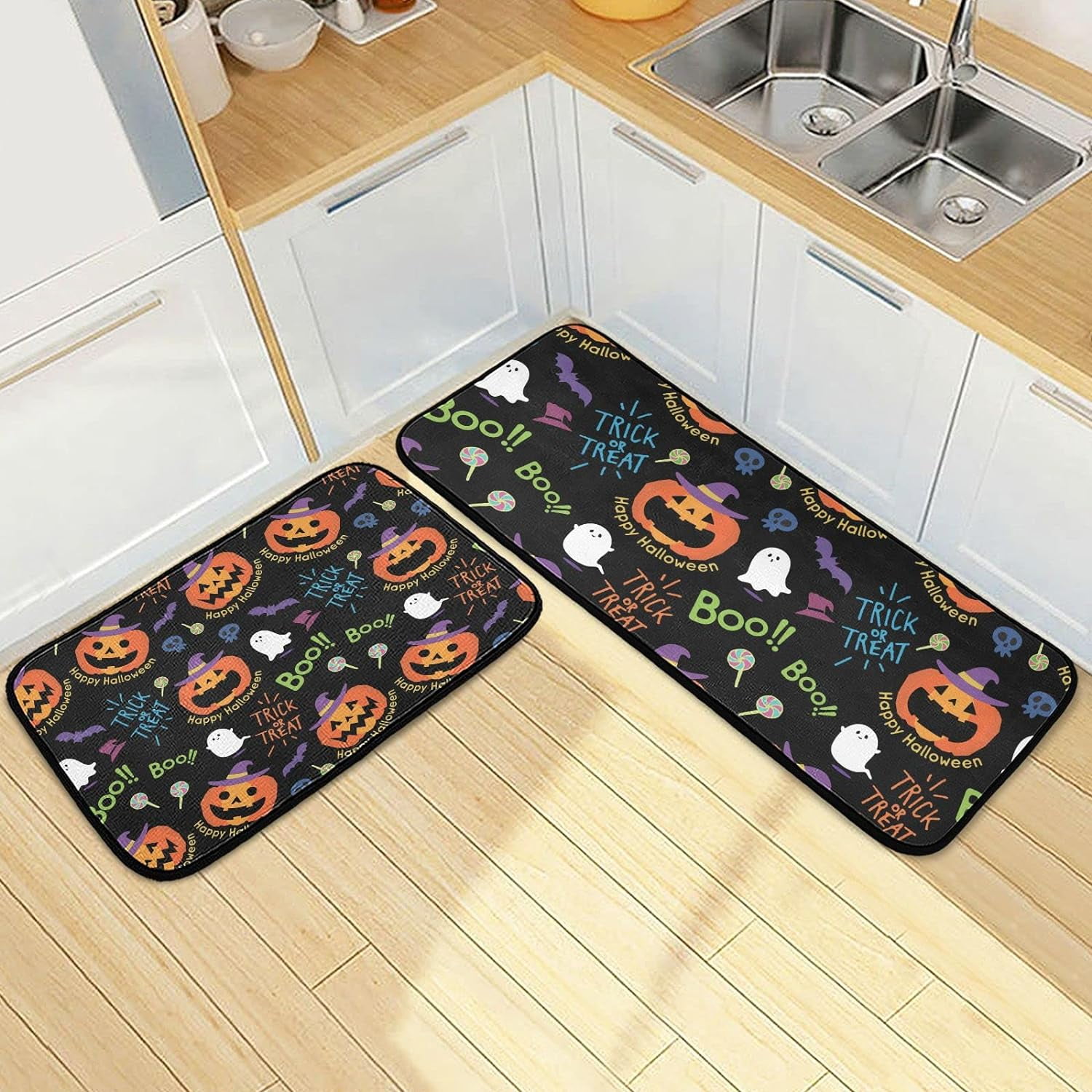 SKYSONIC Halloween Jack Pumpkin Kitchen Rugs 2 Pieces, Ghost Boo Floor ...