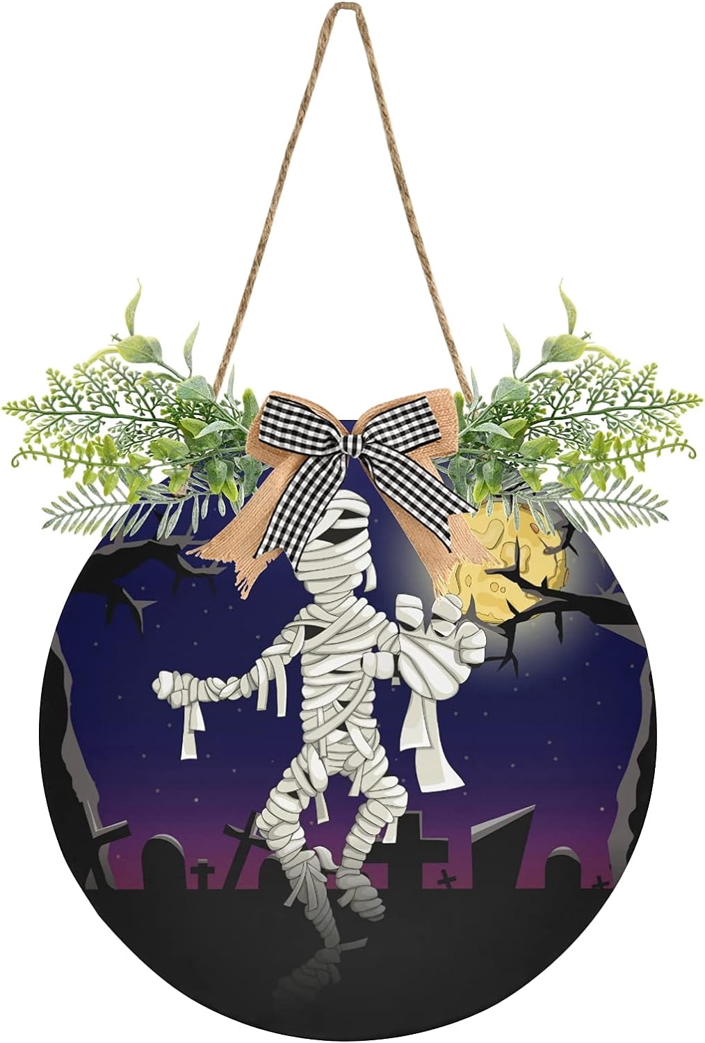 SKYSONIC Halloween Night Mummy Welcome Sign Front Door Decoration Round ...