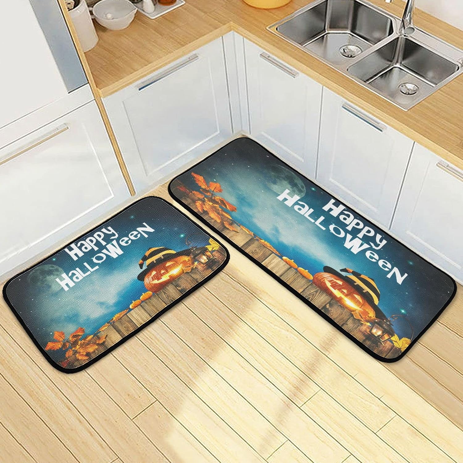SKYSONIC Halloween Pumpkin Head Kitchen Rugs 2 Pieces, Jack Lantern on ...