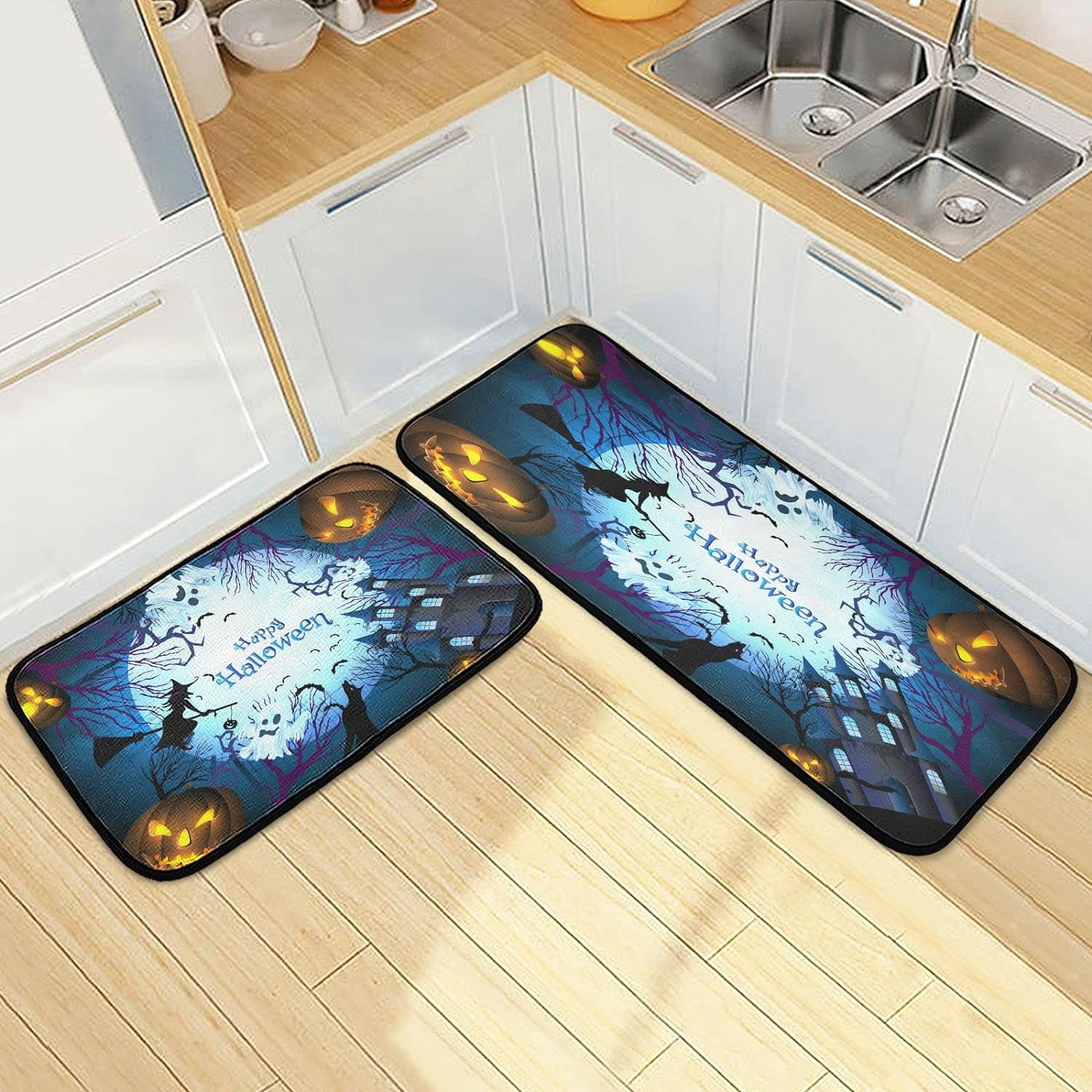 SKYSONIC Halloween Pumpkins Witch Castle Kitchen Rugs Set of 2, Scary ...