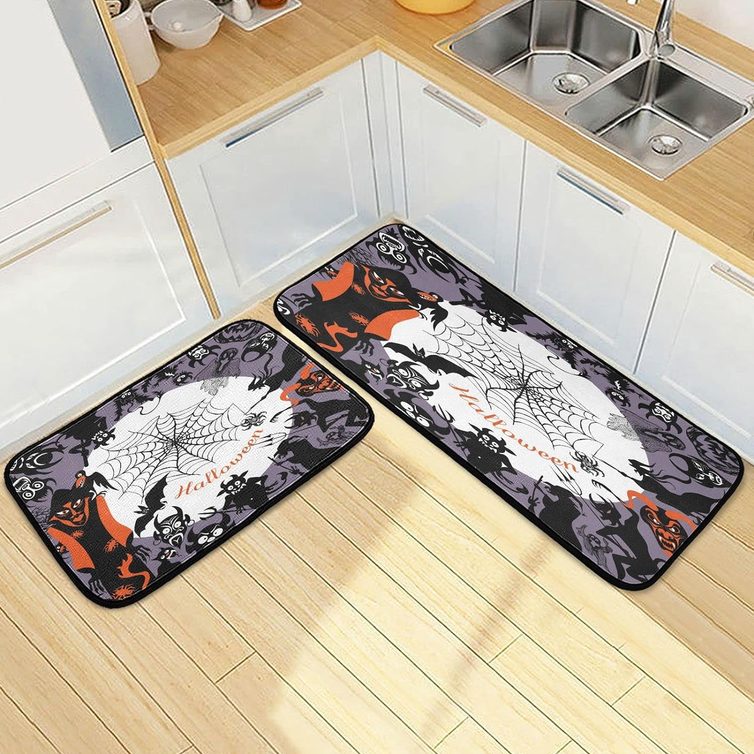 SKYSONIC Halloween Scary Evil Kitchen Rugs 2 Pieces, Spider Web Floor ...