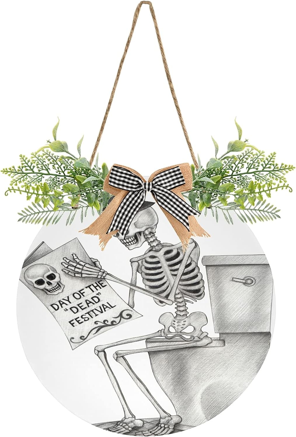 SKYSONIC Halloween Skeleton Welcome Sign Front Door Decoration Round ...