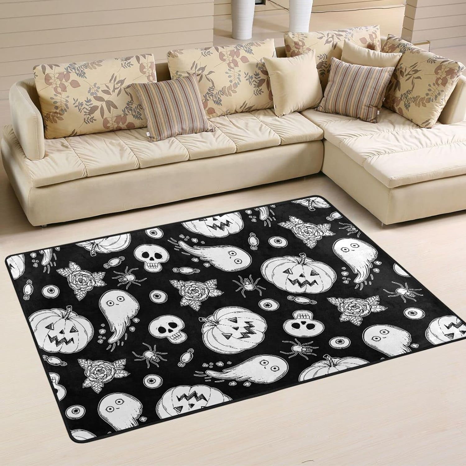 SKYSONIC Halloween Spooky Pumpkin Non-Slip Area Rug, Skull Flower ...