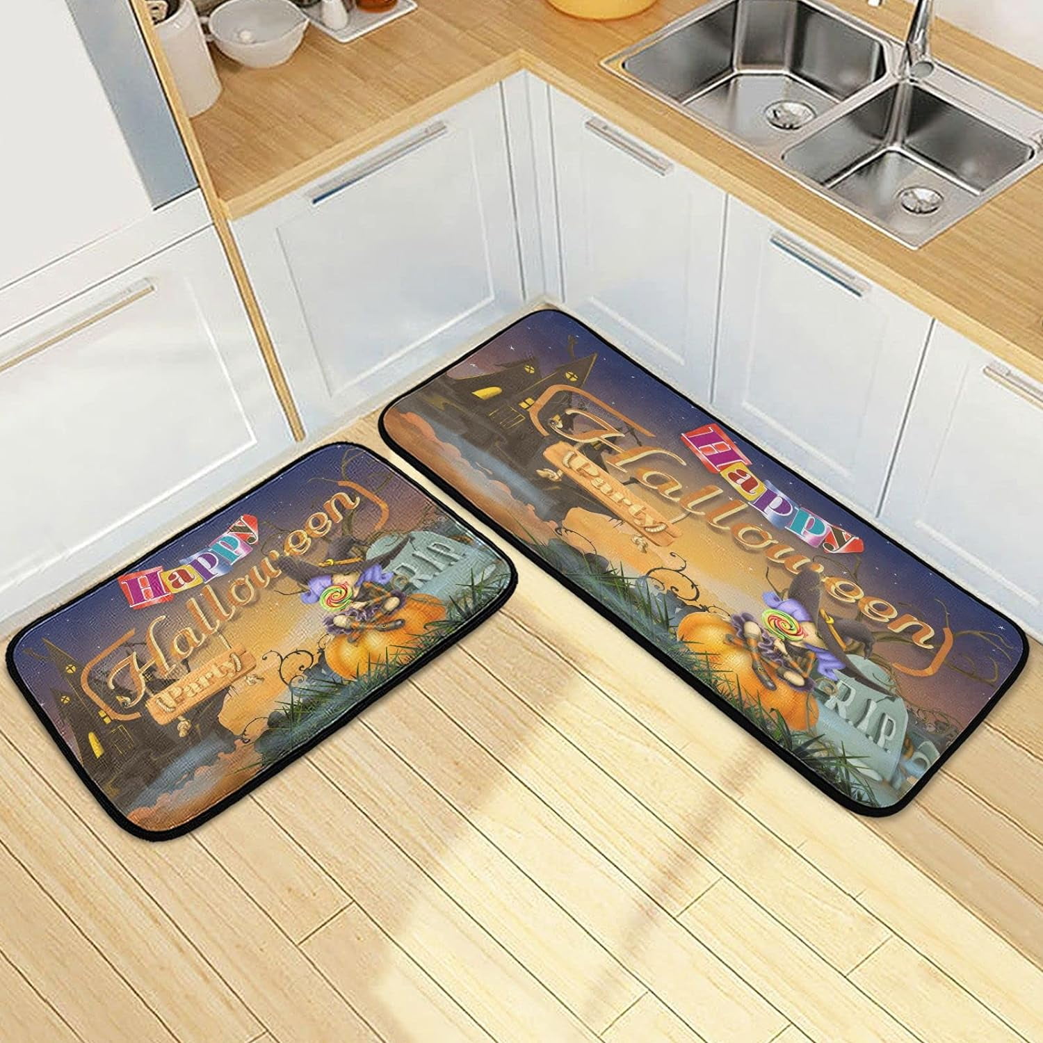 SKYSONIC Halloween Witch Pumpkin Kitchen Rugs Set of 2, Graveyard ...