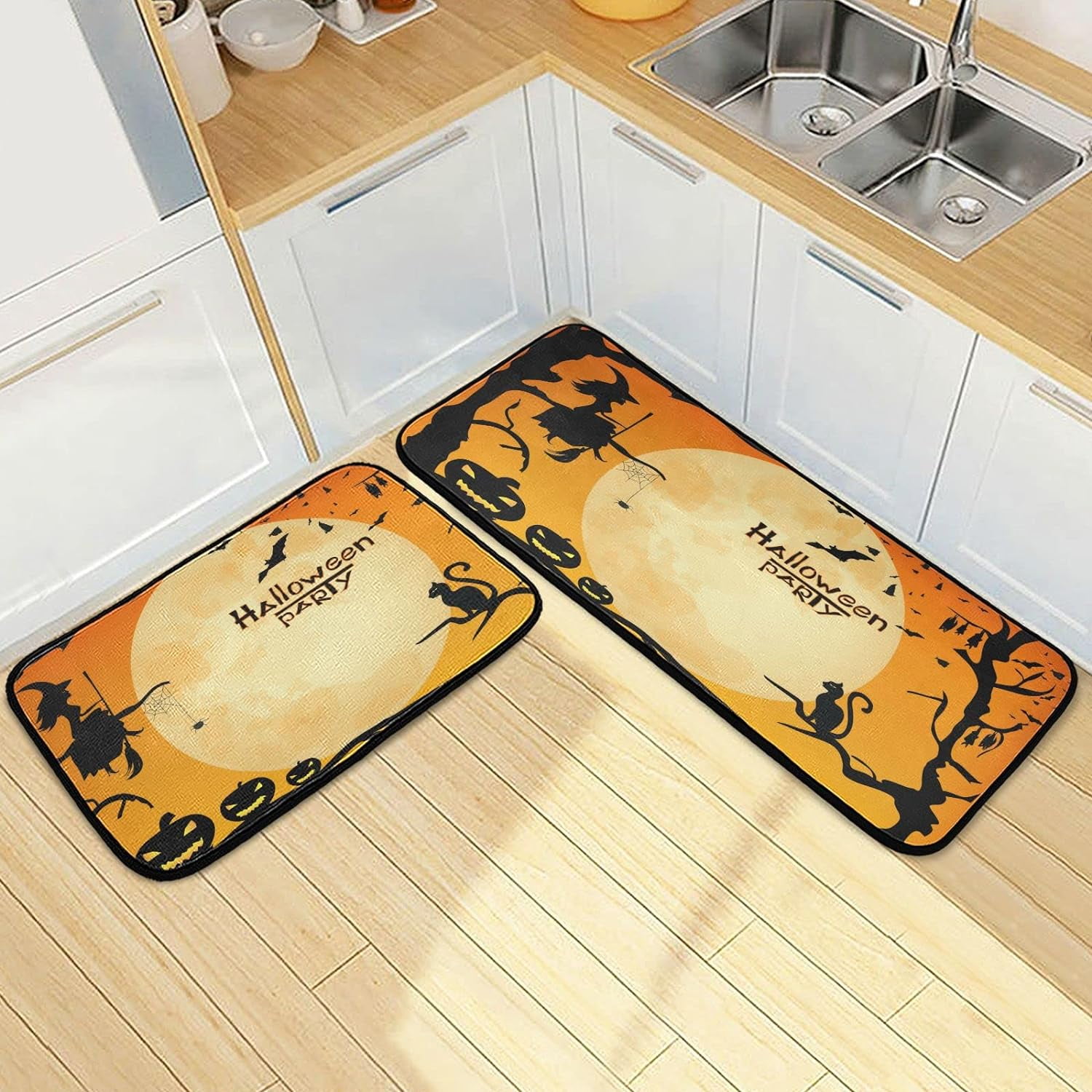SKYSONIC Halloween Witch Pumpkins Bat Kitchen Rugs 2 Pieces, Spooky ...