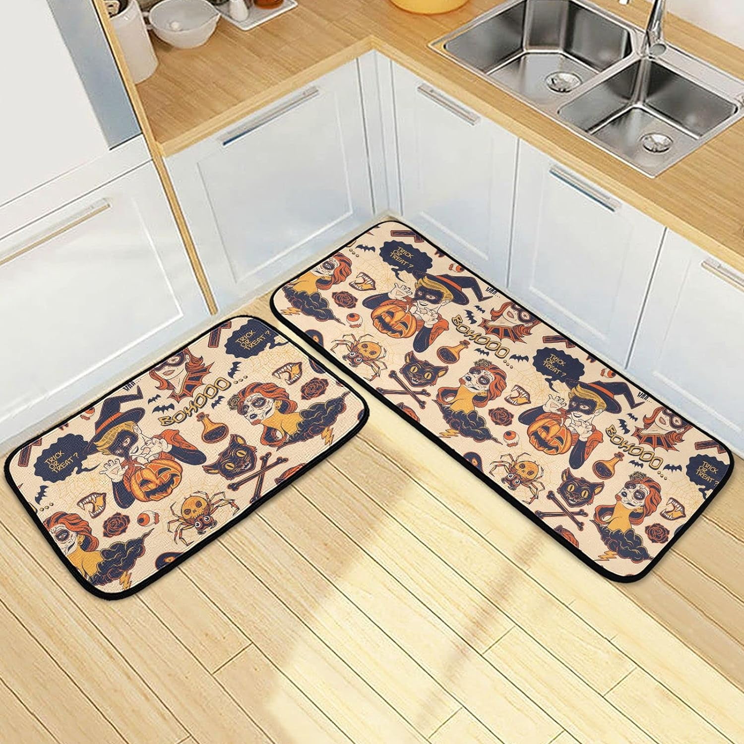 SKYSONIC Halloween Witches Pumpkin Kitchen Rugs 2 Pieces, Black Cat ...