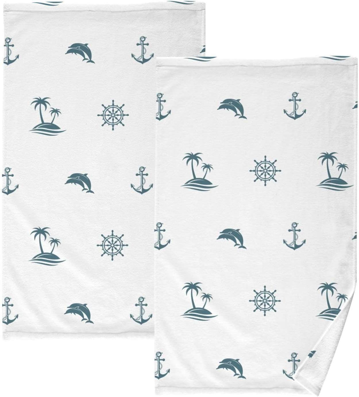SKYSONIC Hand Towels Anchor Dolphin Palm Patterned 2 PCS, Cotton Bath ...