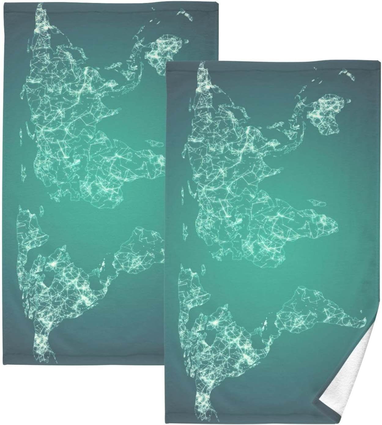 SKYSONIC Hand Towels Digital Map Green Patterned 2 PCS, Cotton Bath ...