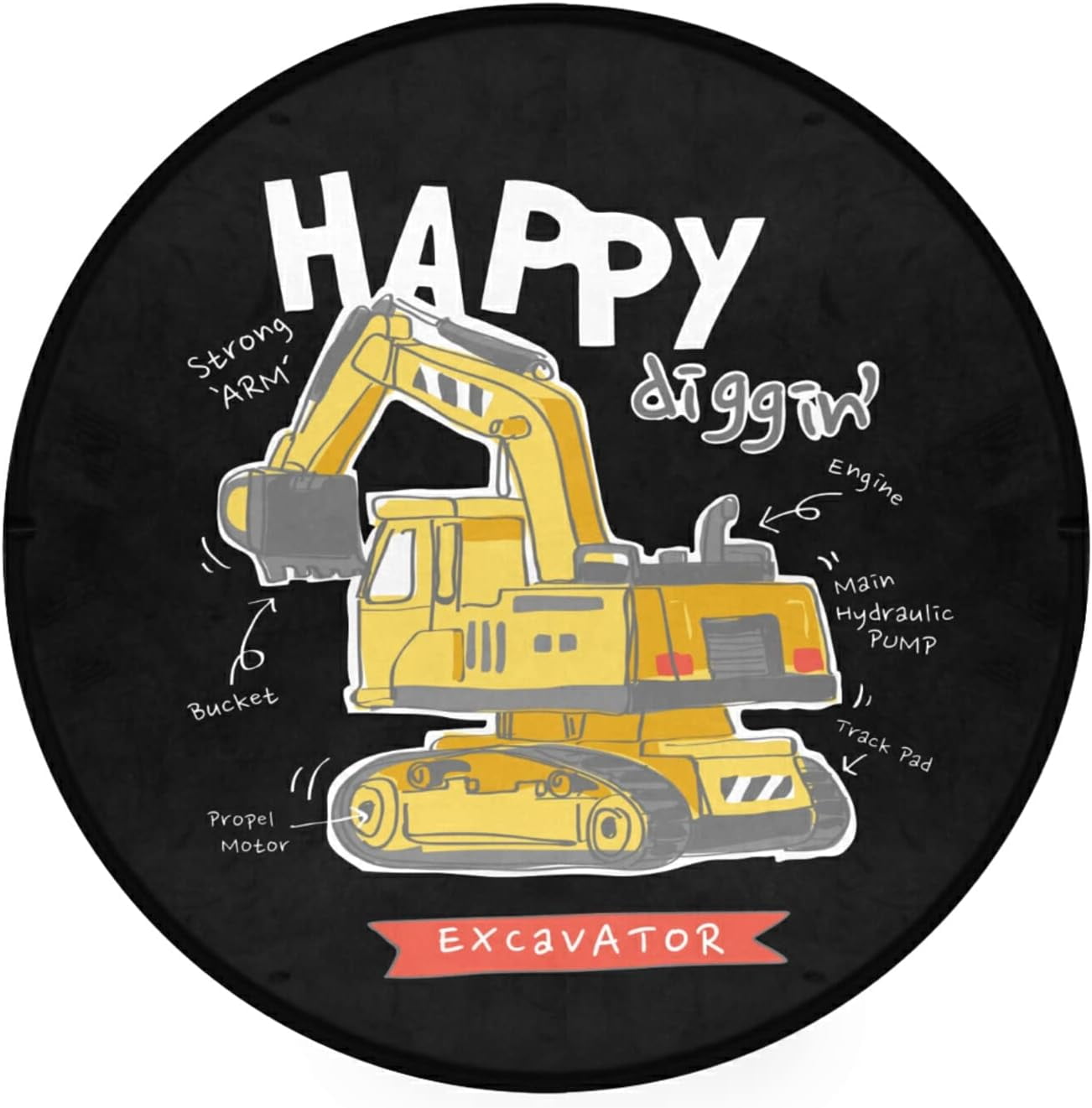SKYSONIC Happy Digging Slogan with Cartoon ExcavatorRound Area Rug ...
