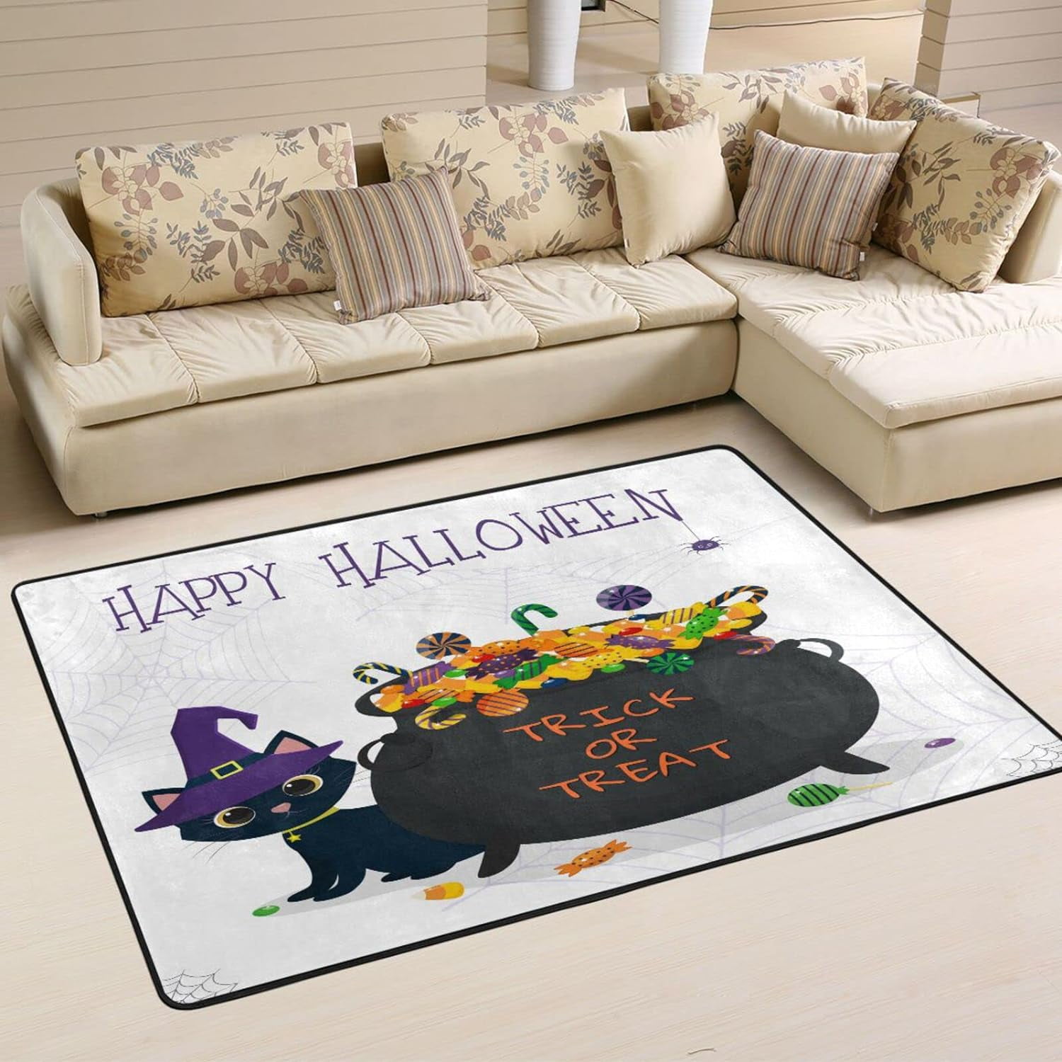 SKYSONIC Happy Halloween Cartoon Non-Slip Area Rug, Colorful Candy ...