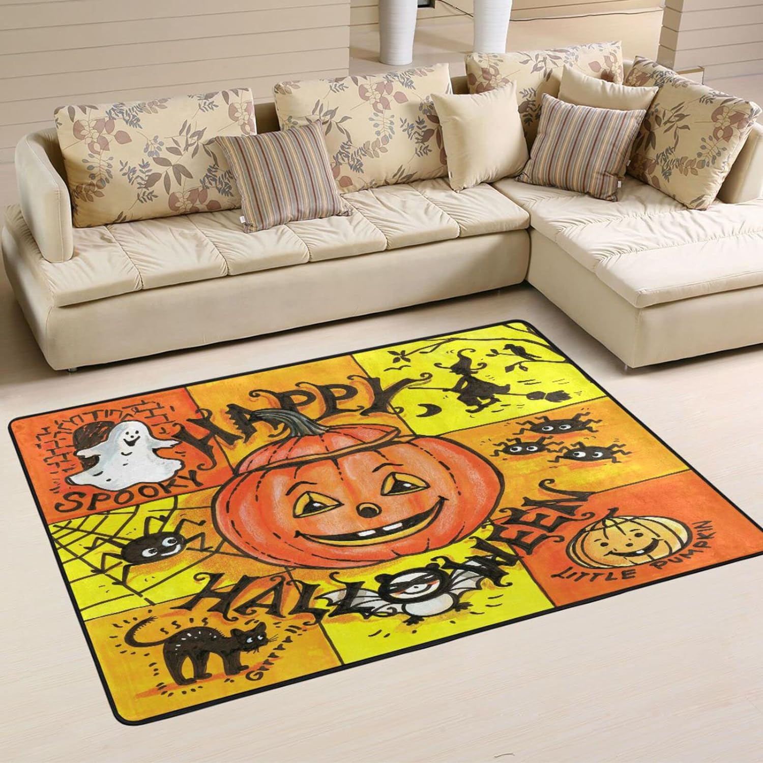 SKYSONIC Happy Halloween Cute Funny Non-Slip Area Rug, Pumpkin Cat ...