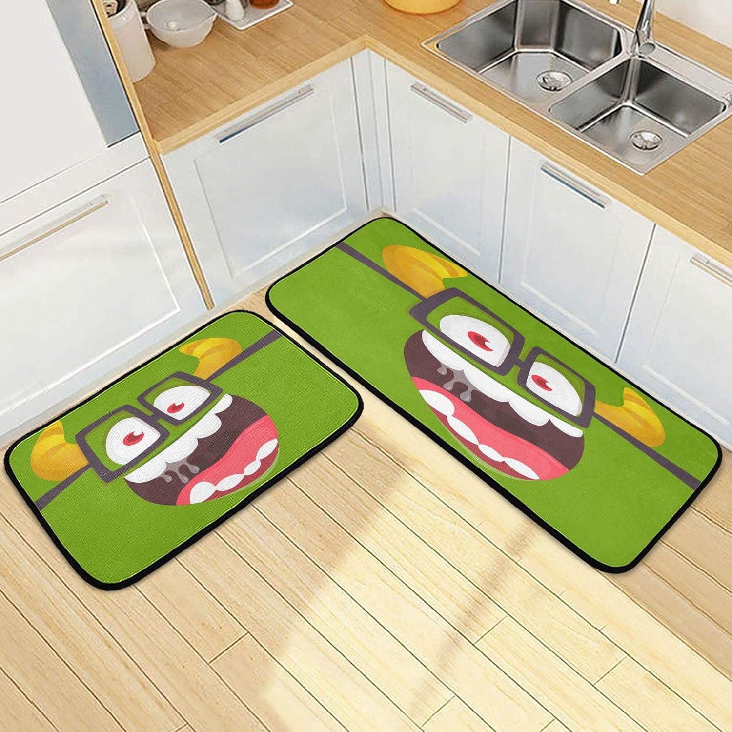 SKYSONIC Happy Monster Face Kitchen Mats Set of 2 Cartoon Eyeglasses ...