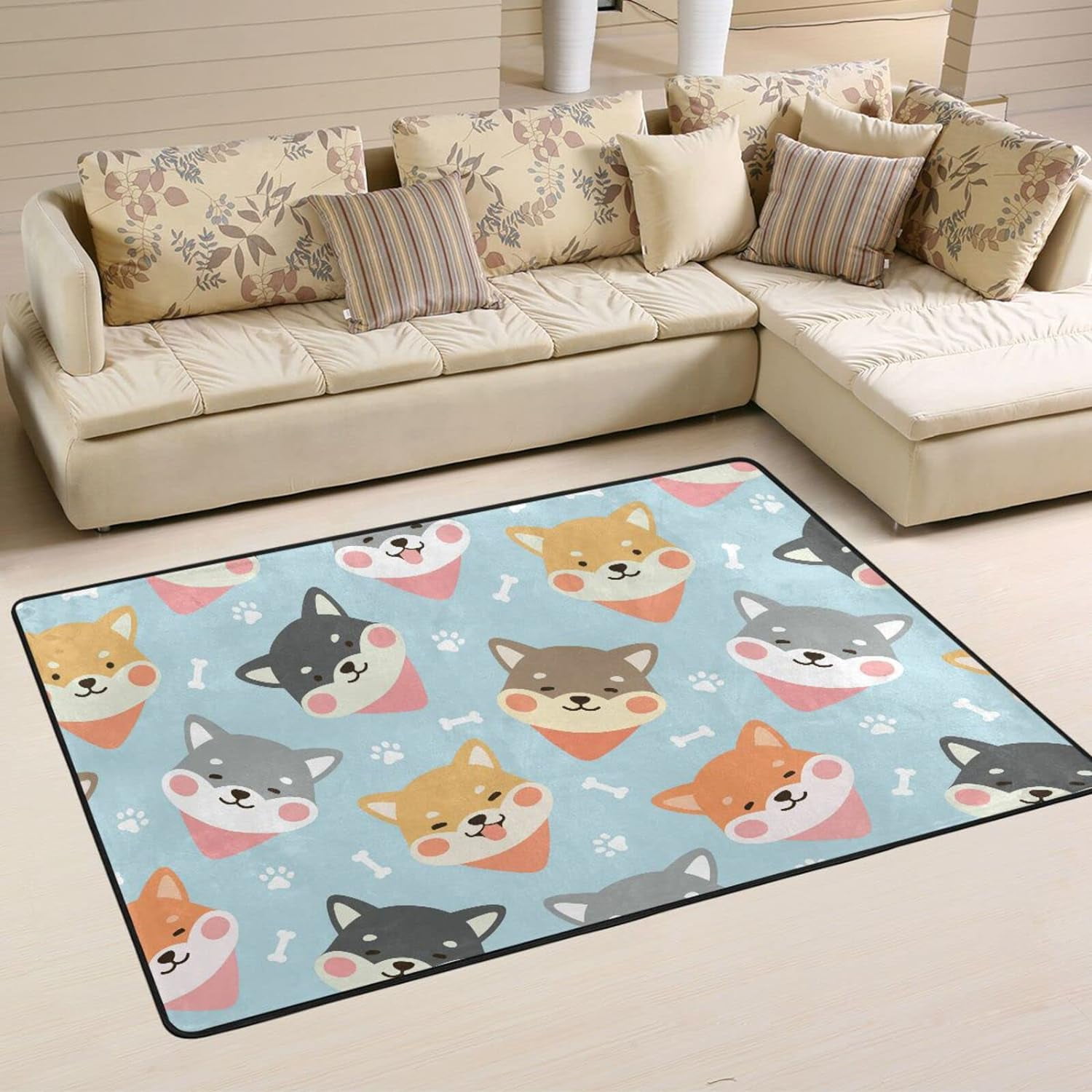 SKYSONIC Happy Shiba Inu Dog Non-Slip Area Rug, Paw and Bone Floor ...