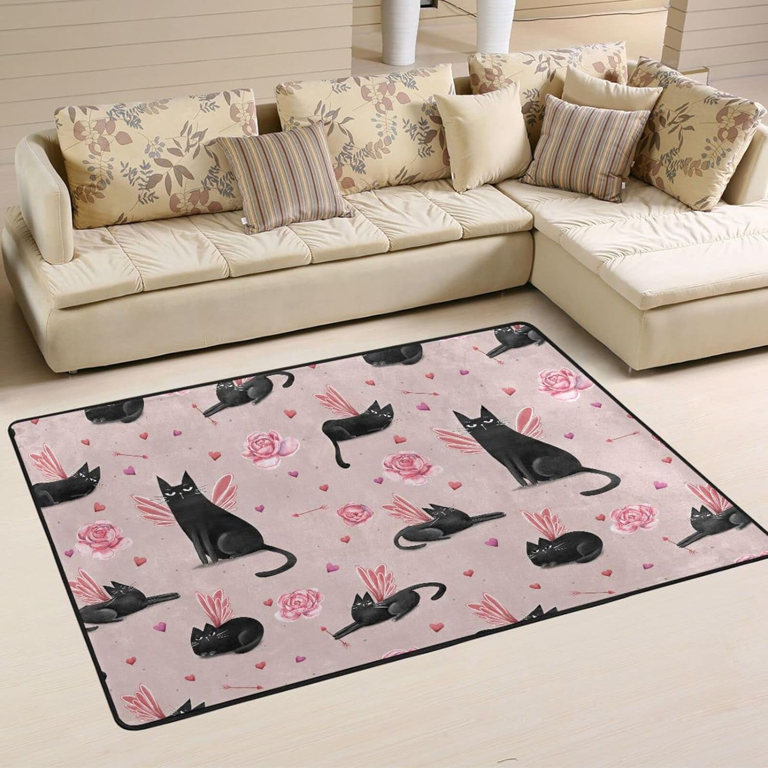 SKYSONIC Happy Valentines Black Cat Non-Slip Area Rug, Pink Wings Rose ...