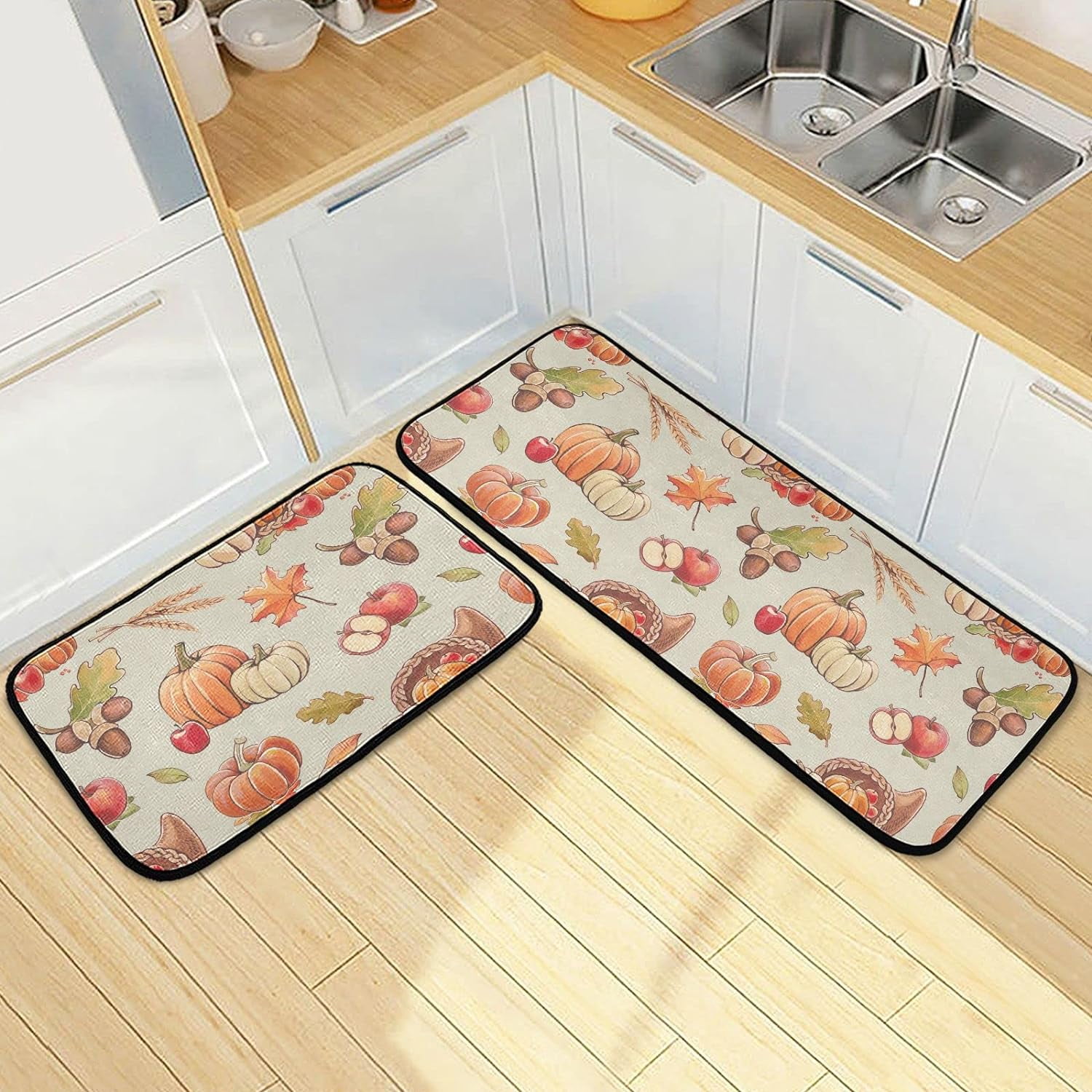 SKYSONIC Harvest Autumn Pumpkin Kitchen Rugs Set of 2, Maple Leaves ...