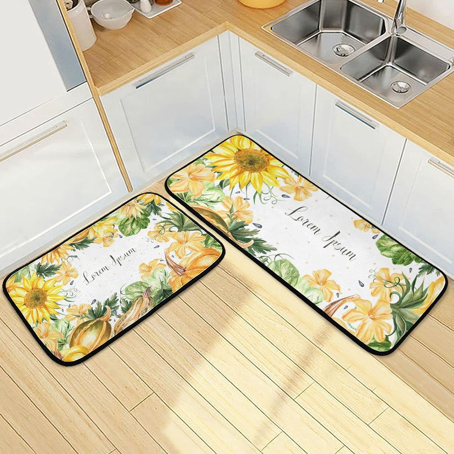 SKYSONIC Harvest Pumpkins Sunflower Kitchen Rugs 2 Pieces, Fall Floral ...