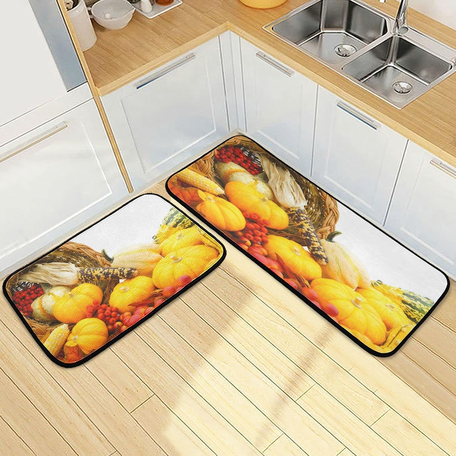 SKYSONIC Harvest Thanksgiving Cornucopia Kitchen Rugs Set of 2, Autumn ...