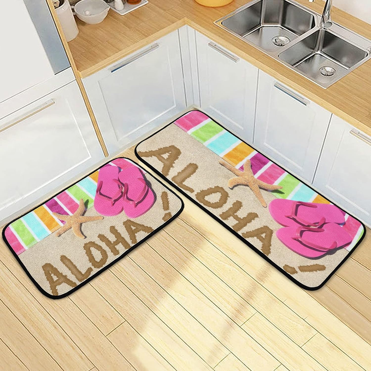 SKYSONIC Hawaii Beach Starfish Kitchen Rugs Set of 2, Flip Flop Aloha ...