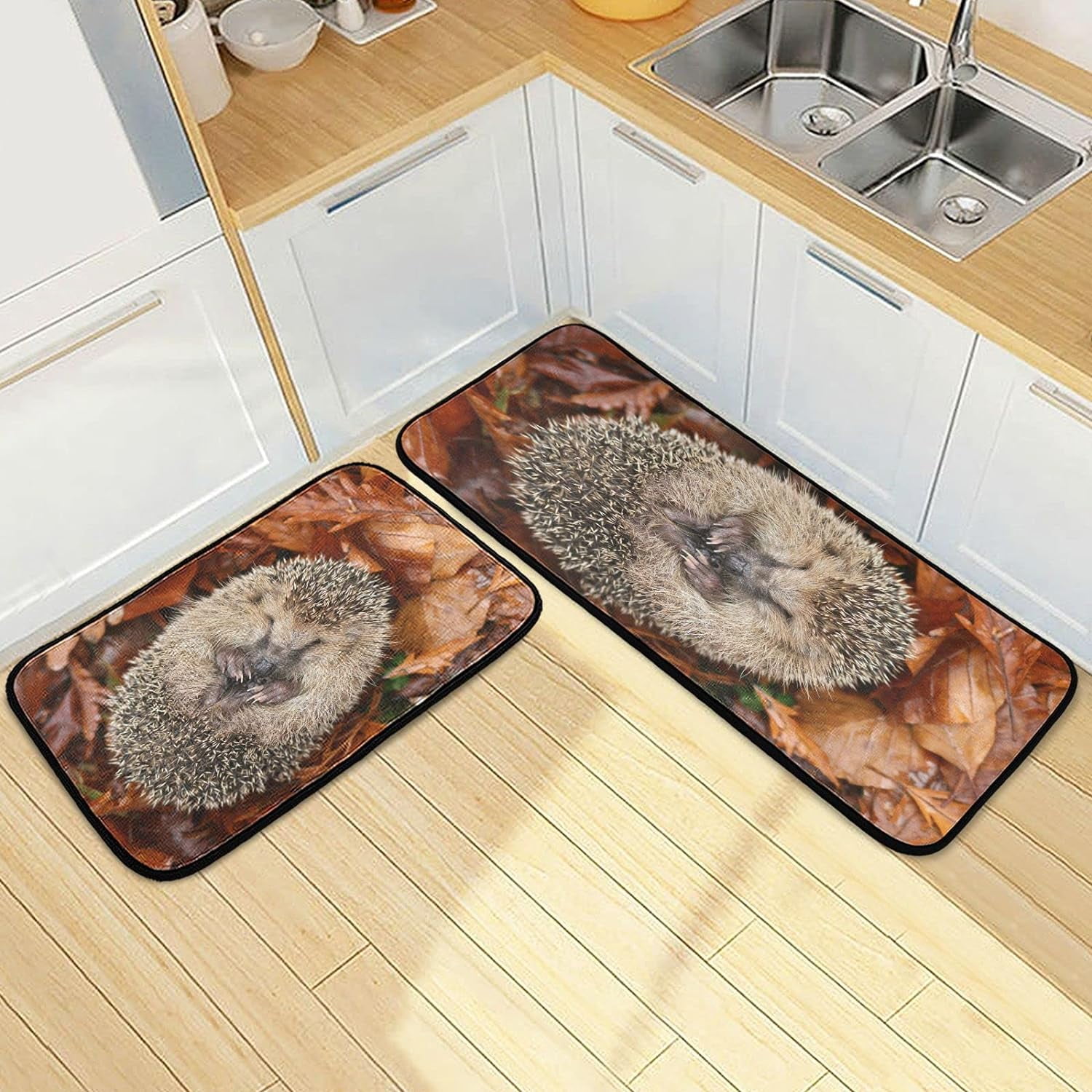 SKYSONIC Hedgehog Sleeping Kitchen Rugs 2 Pieces, Leaves Maple Autumn ...