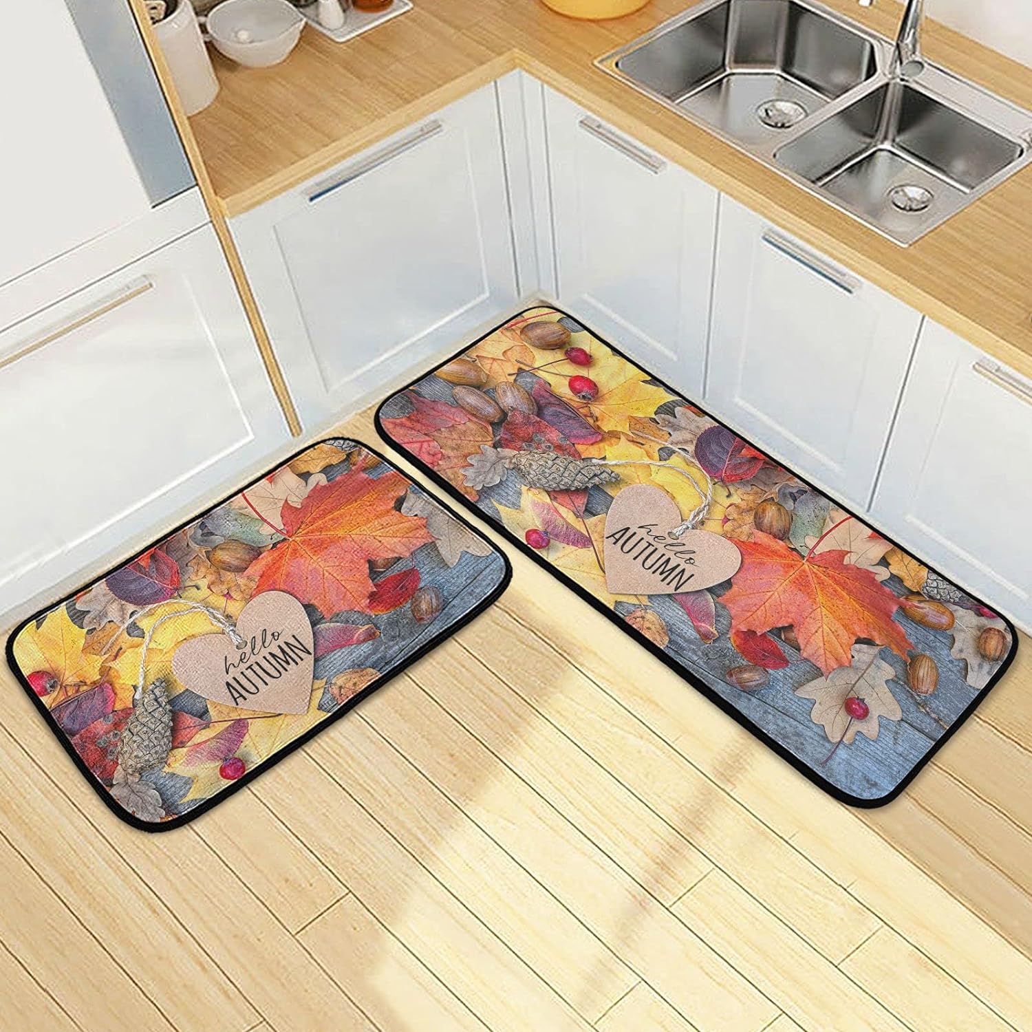 SKYSONIC Hello Autumn Kitchen Rugs Set of 2, Wooden Leaves Pine Cone ...