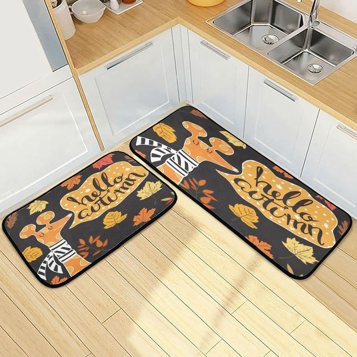 SKYSONIC Hello Autumn Kitchen Rugs Set of 2, Maple Leaves Squirrel ...