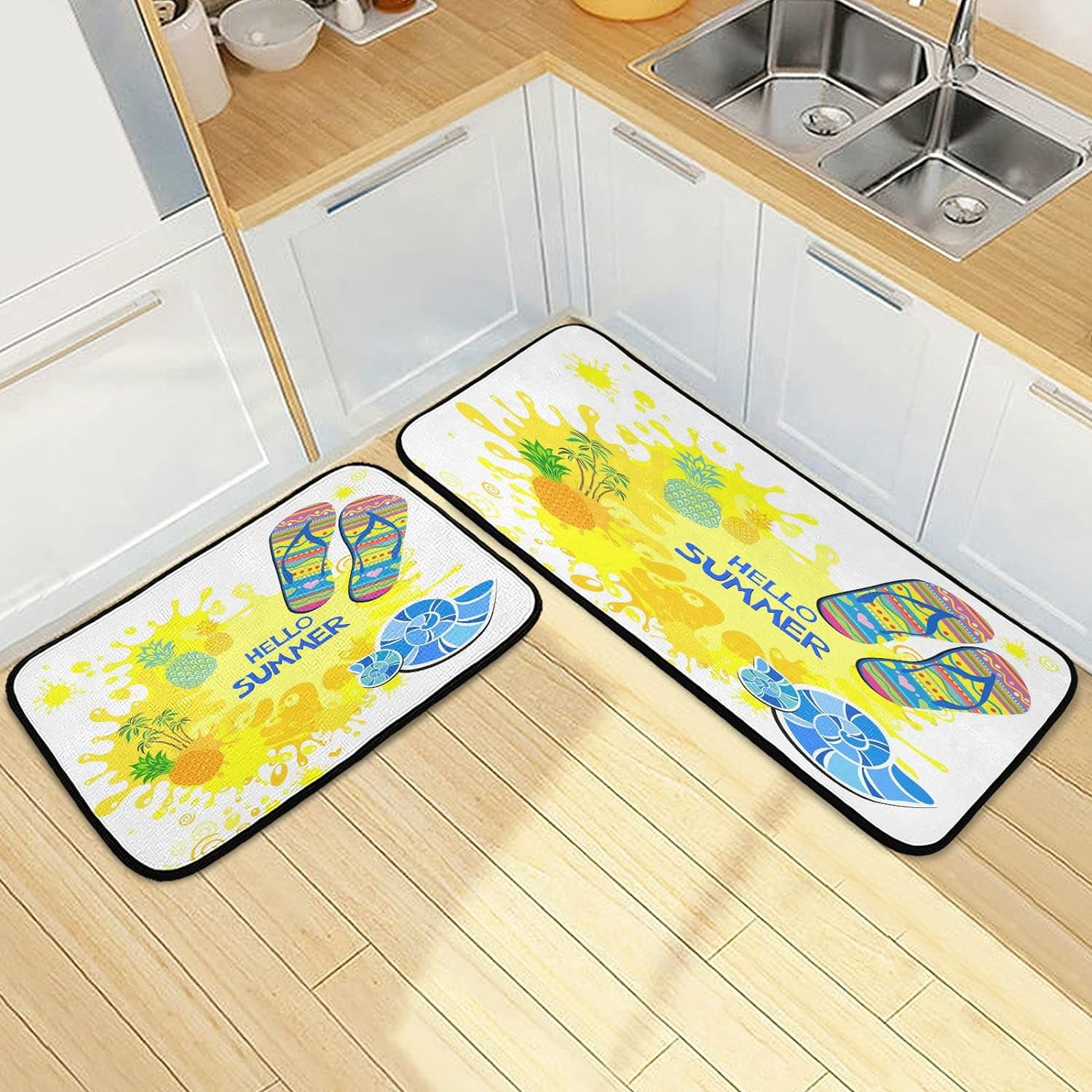 SKYSONIC Hello Summer Pineapple Kitchen Rugs Set of 2, Flip Flop Conch ...