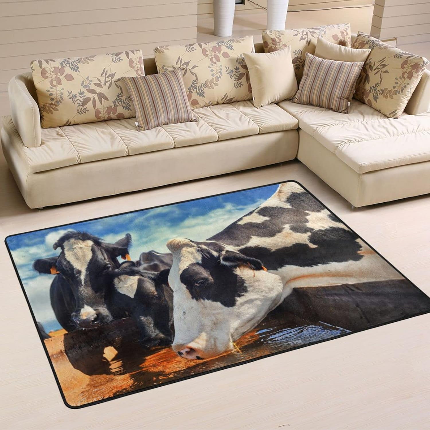 SKYSONIC Herd Cows Meadow Non-Slip Area Rug, Rustic Farm Animal Floor ...