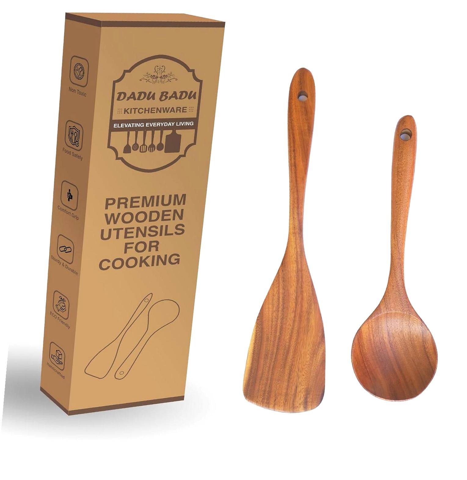 SKYSONIC High-Quality Wooden Spoons for Cooking, 2-Piece Wooden ...