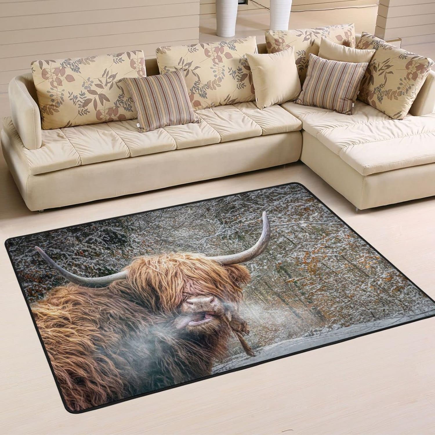 SKYSONIC Highland Cow Funny Non-Slip Area Rug, Cattle Forest Floor ...