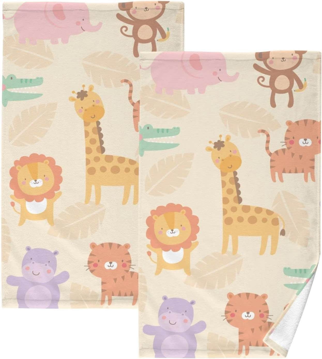 SKYSONIC Hippo Giraffe Lion Hand Towels Set of 2, Cotton Bath Towel for ...
