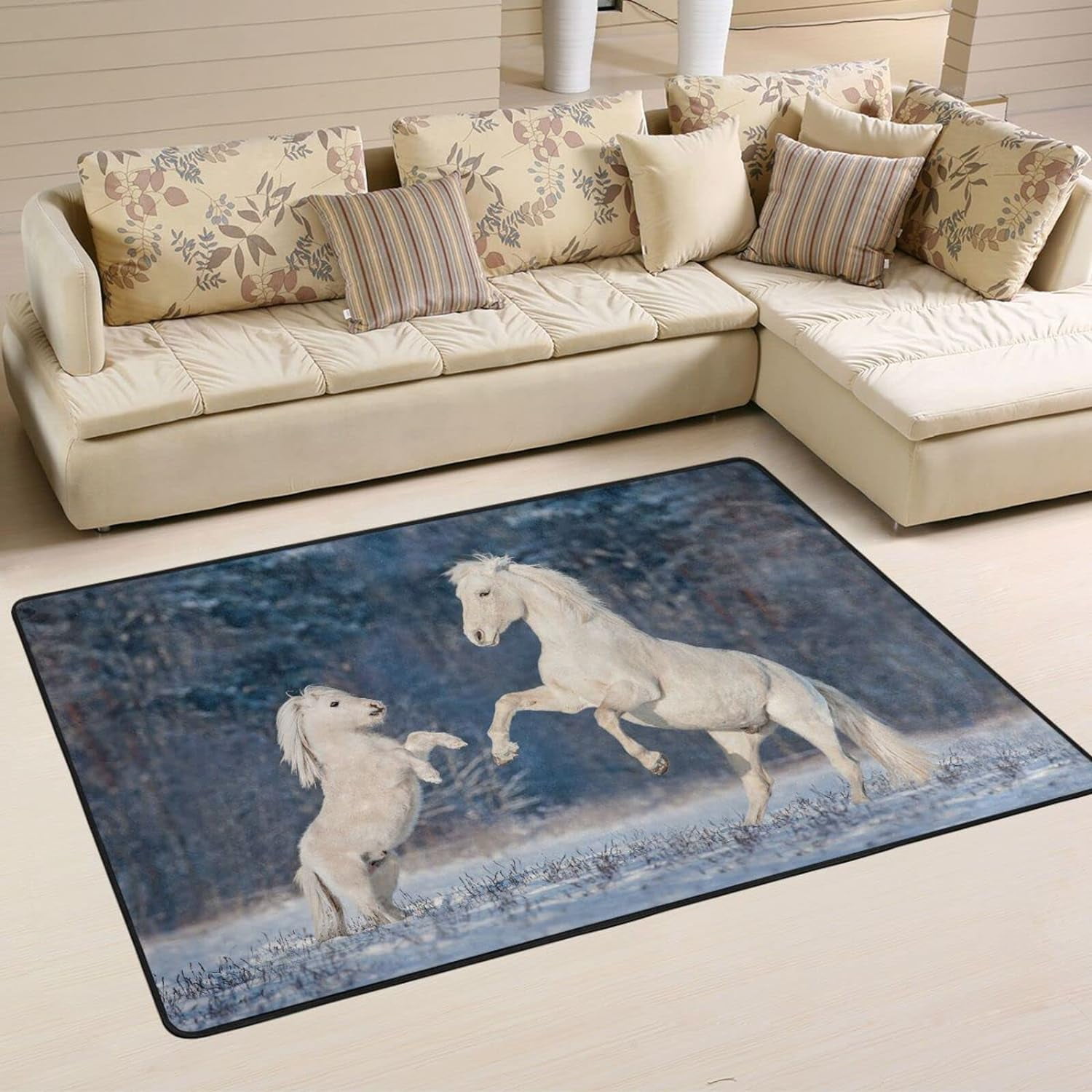 SKYSONIC Horse Winter Non-Slip Area Rug, White Pony Floor Carpet ...