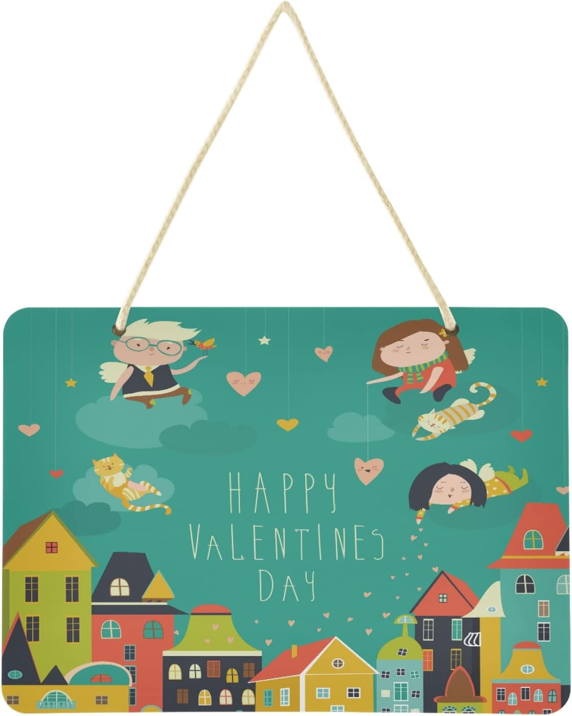 SKYSONIC House Cat Angel Valentine Welcome Sign Front Door Decor Wall ...