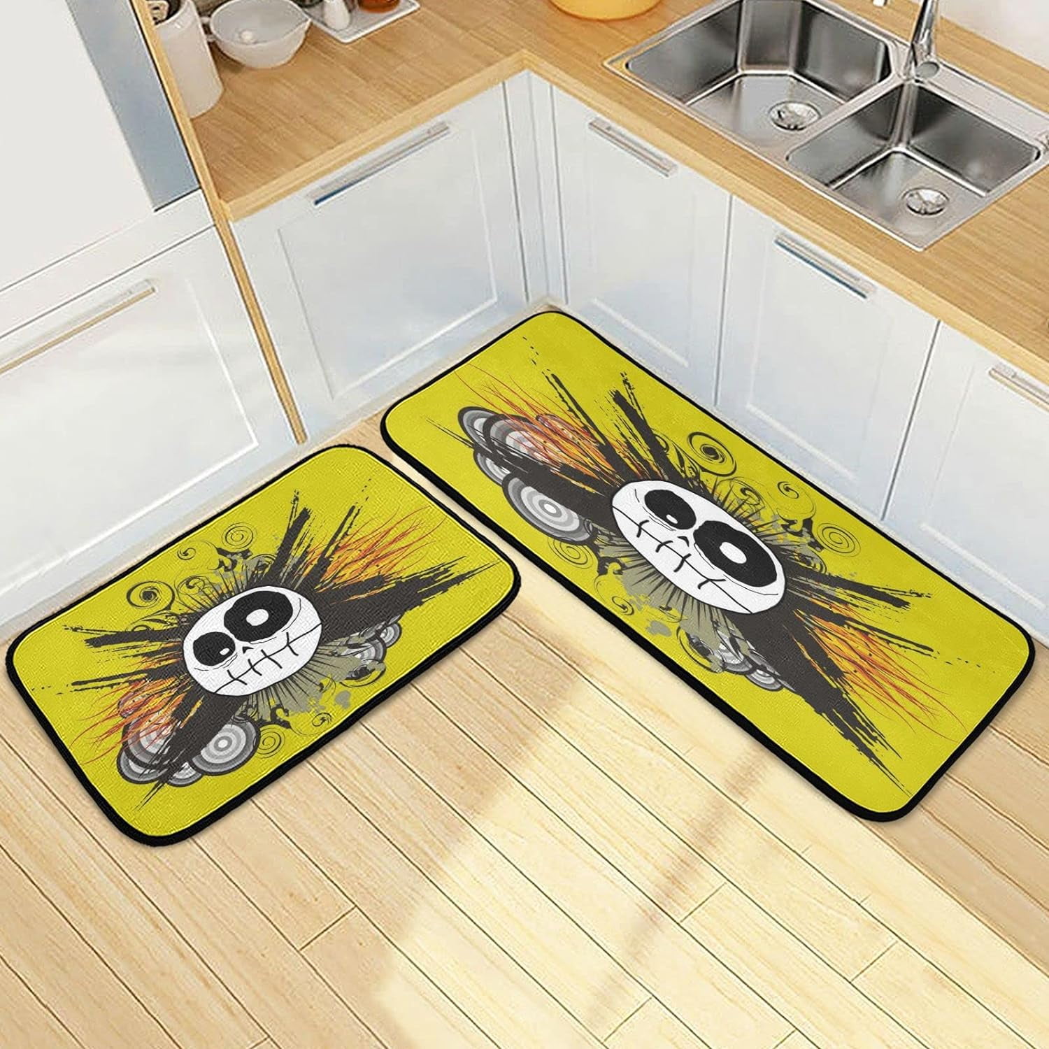 SKYSONIC Humorous Skull Funny Kitchen Rugs Set of 2, Yellow Painting ...