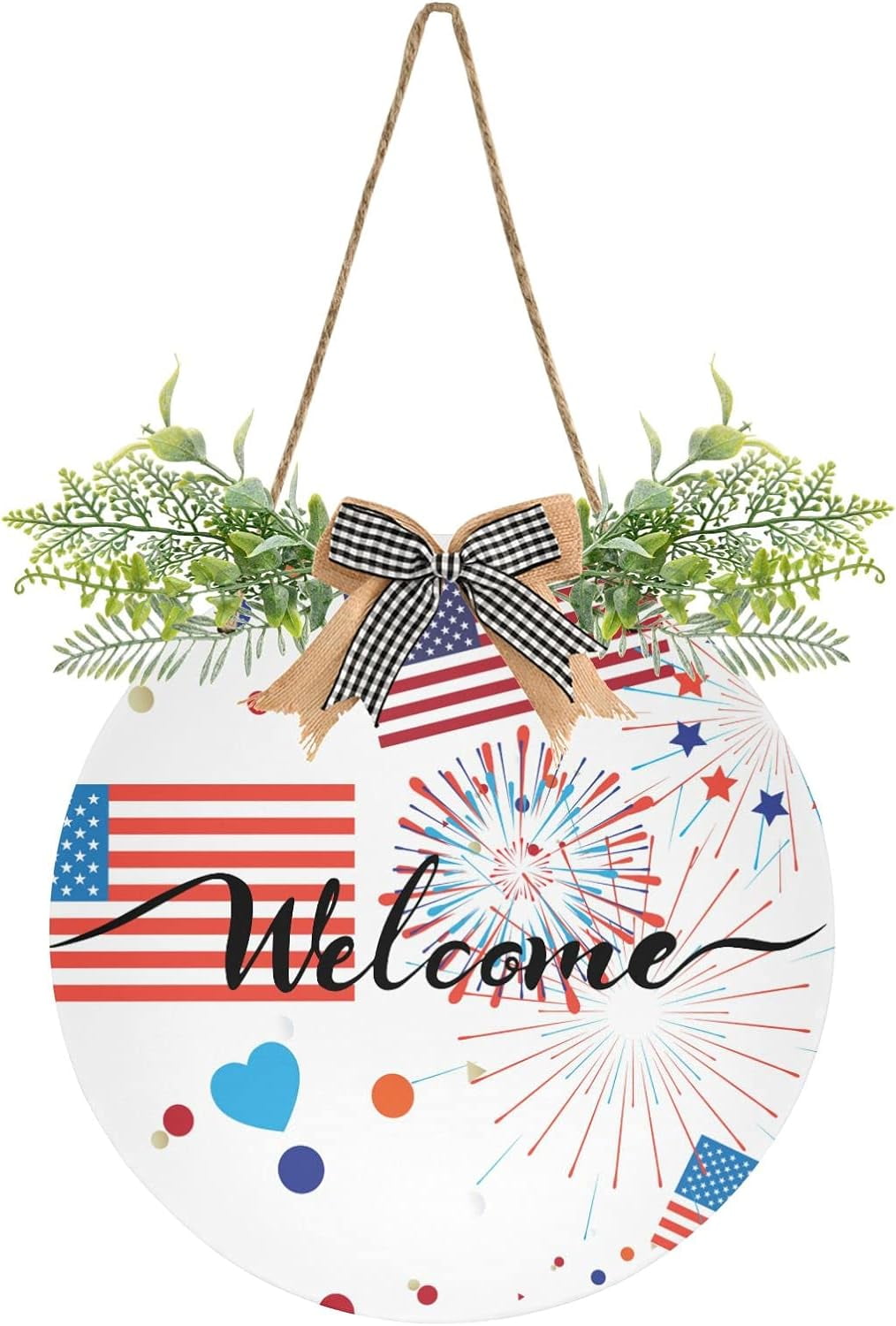 SKYSONIC Independence Day Welcome Sign Front Door Decor Round Door ...