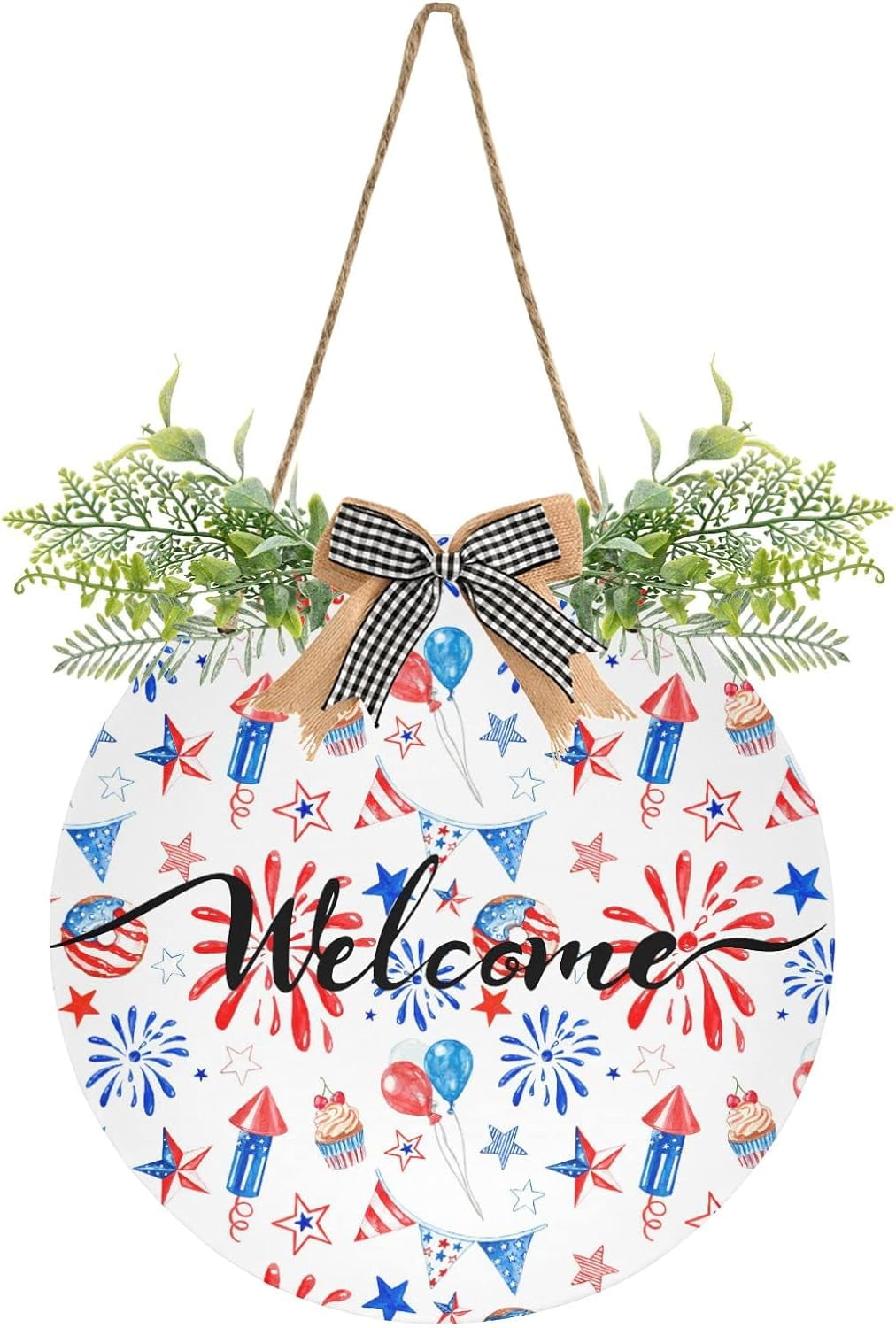 SKYSONIC Independence Day Welcome Sign Front Door Decor Round Door ...