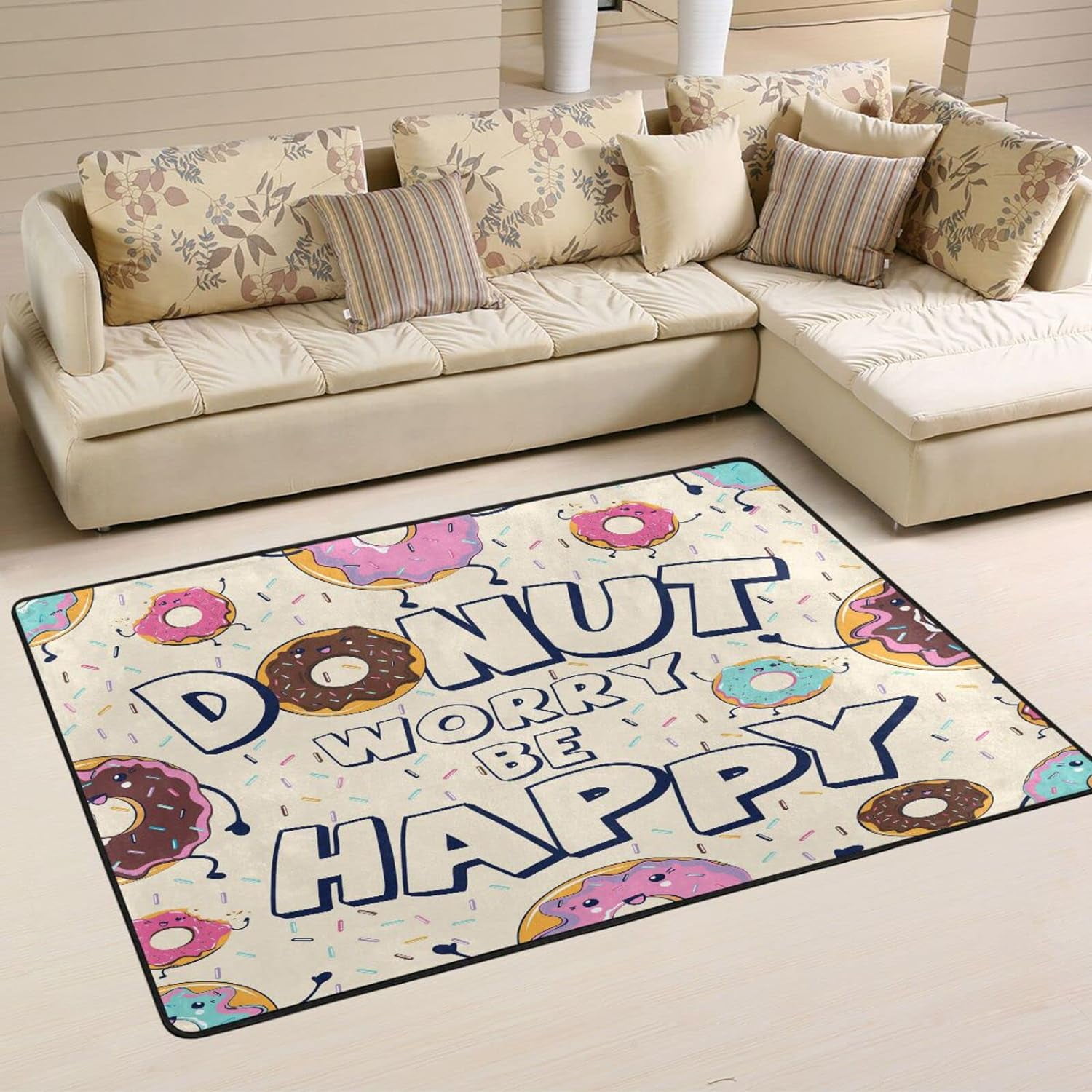SKYSONIC Inspirational Quote Area Rug 72x48in Donut Worry Be Happy Non ...