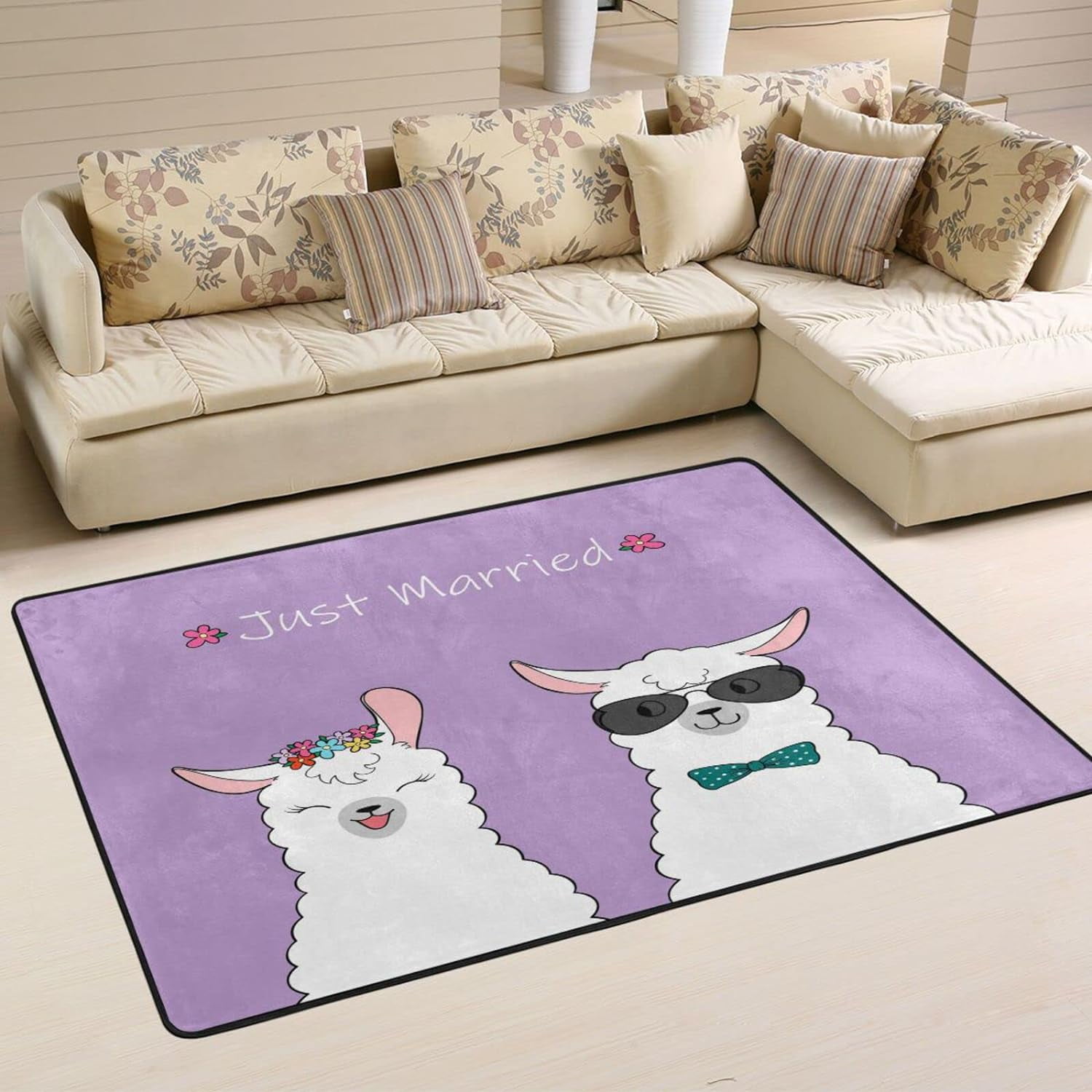 SKYSONIC Just Married Llama Non-Slip Area Rug, Valentine Couple Floor ...