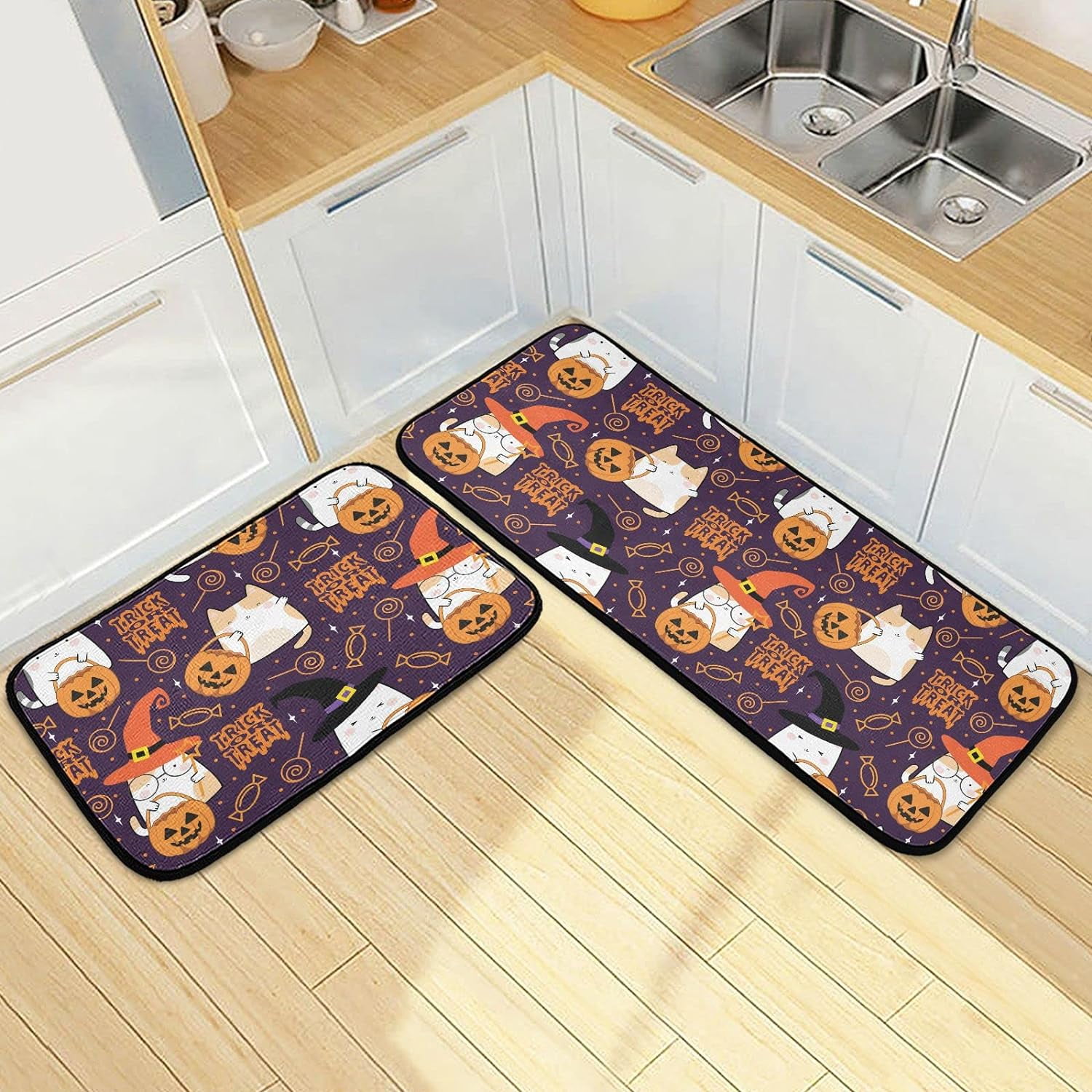 SKYSONIC Kawaii Halloween Cats Kitchen Rugs 2 Pieces, Cute Cartoon ...