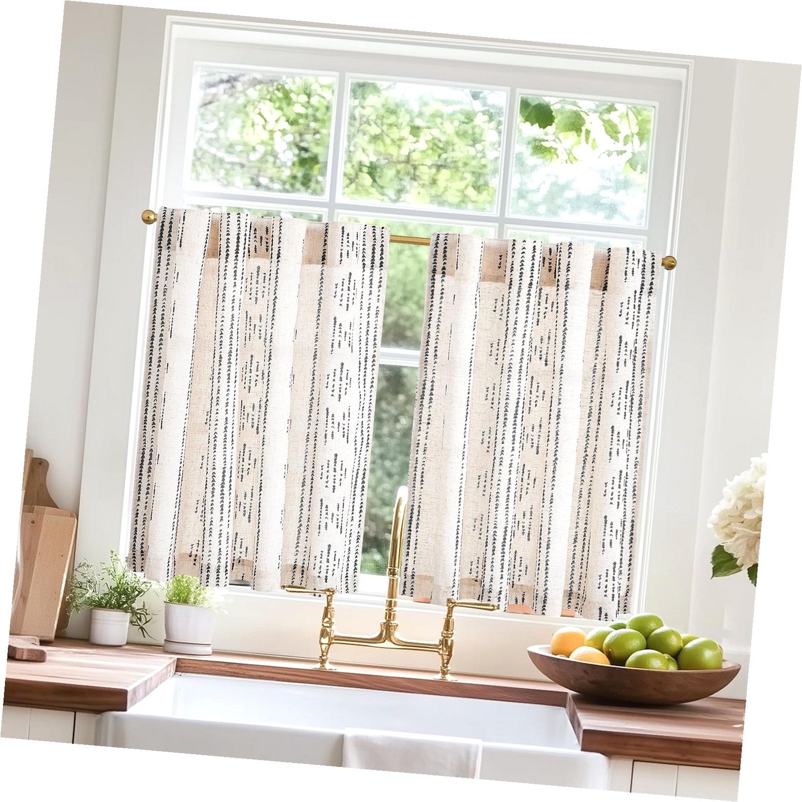 SKYSONIC Kitchen Curtains Linen Cafe Tier Curtains 54 Inch Geometric ...