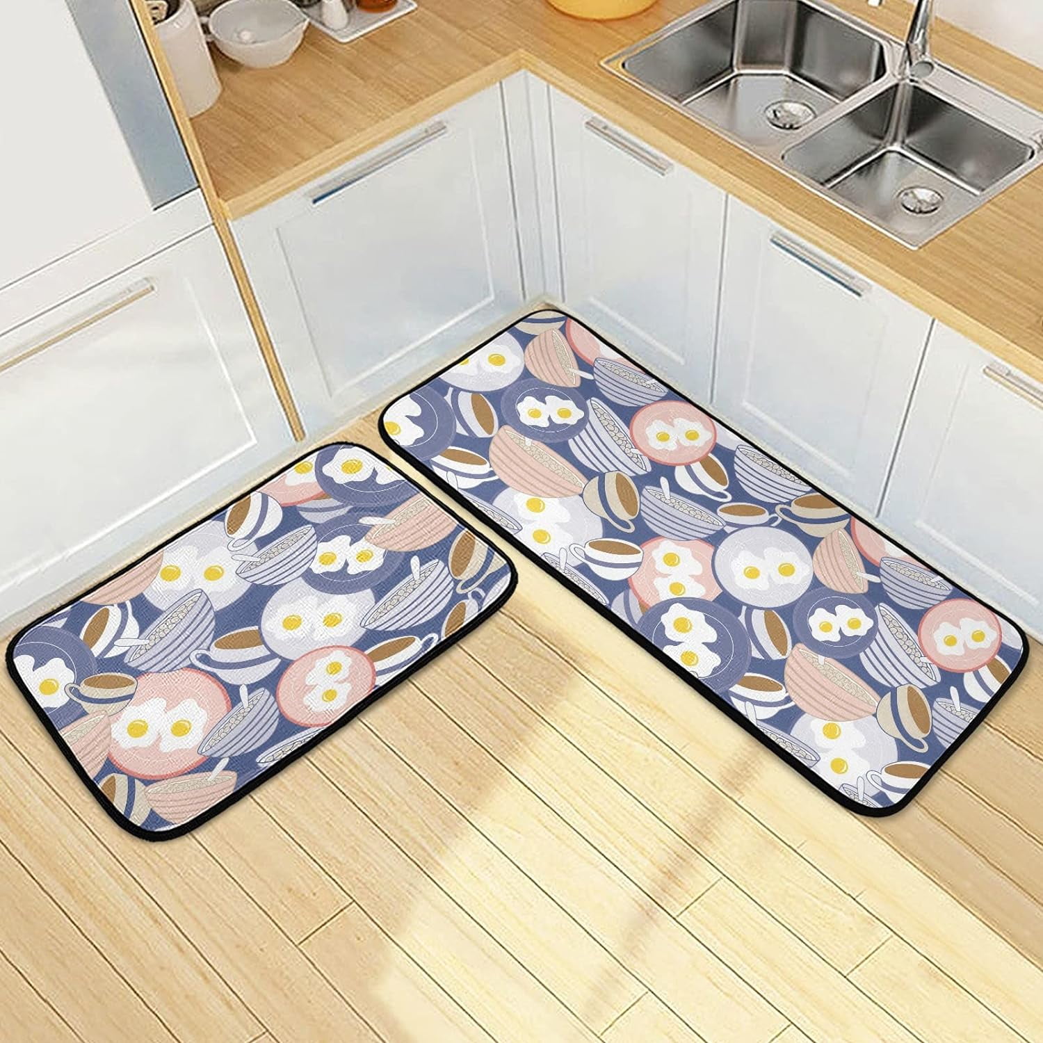 SKYSONIC Kitchen Dishes Coffee Eggs Kitchen Rugs Set of 2, Cartoon Cute ...