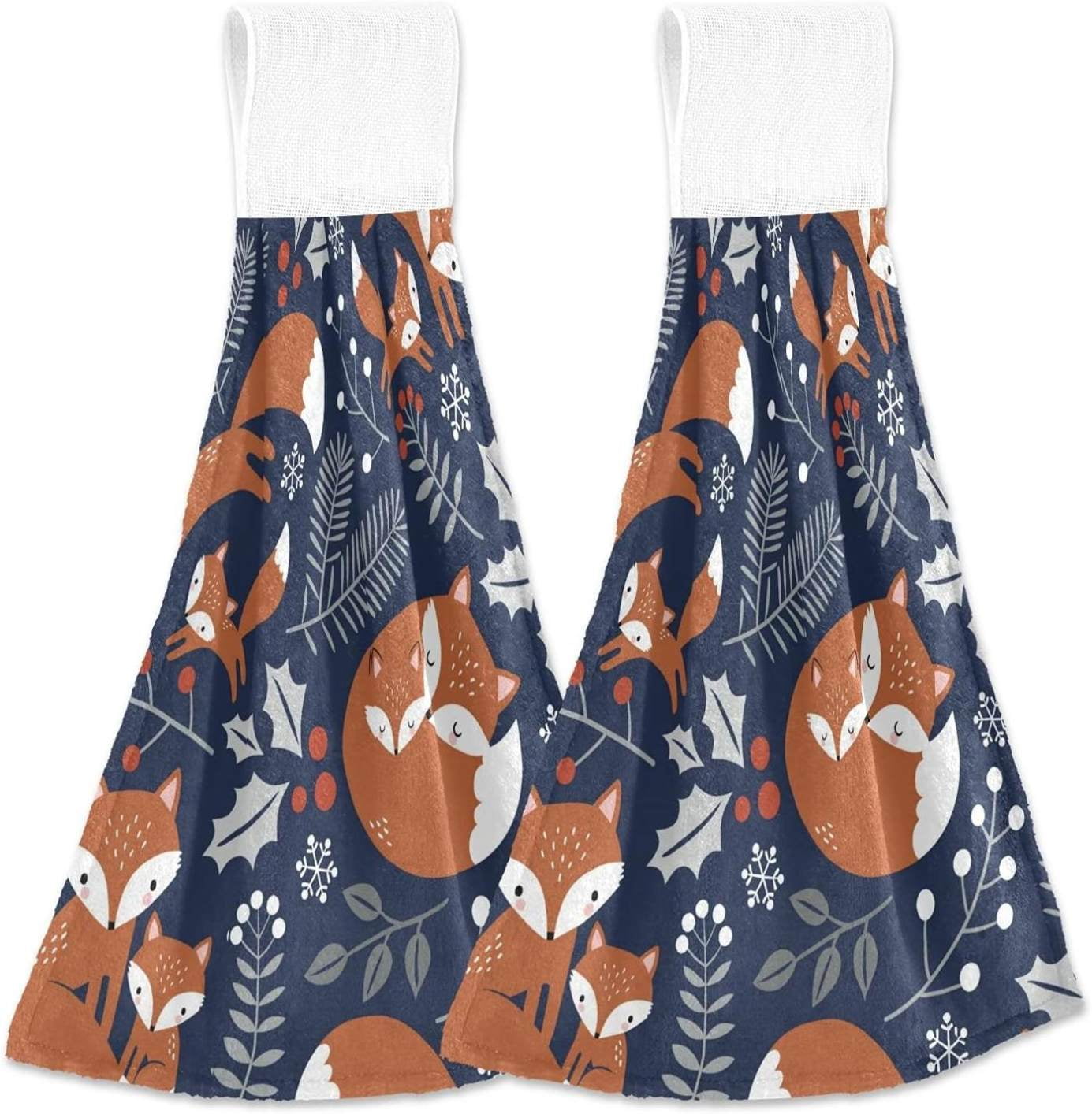 SKYSONIC Kitchen Towels with Hanging Loop, Fox Family Leaves Dish ...