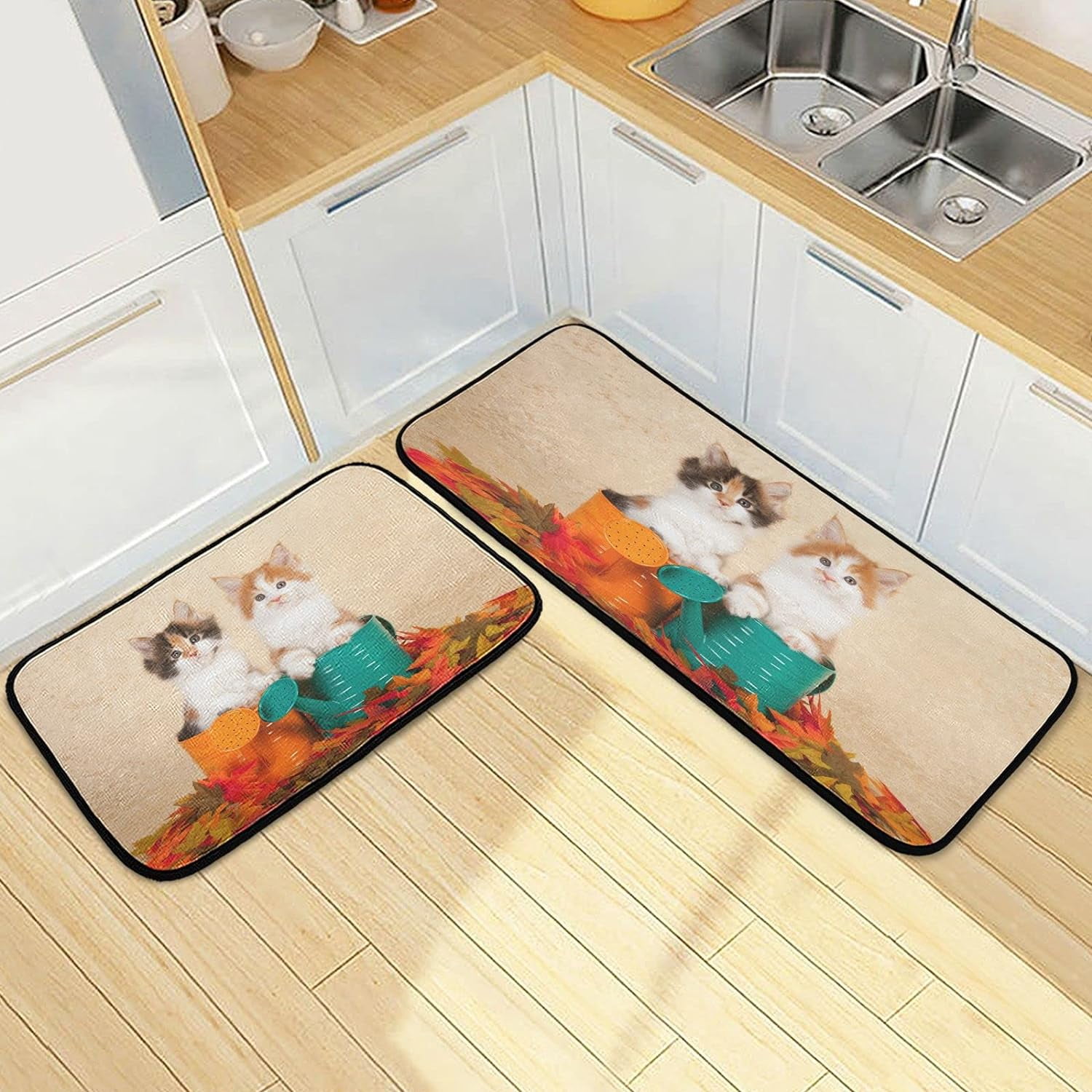 SKYSONIC Kittens Fall Autumn Leaves Kitchen Rugs Set of 2, Watering ...