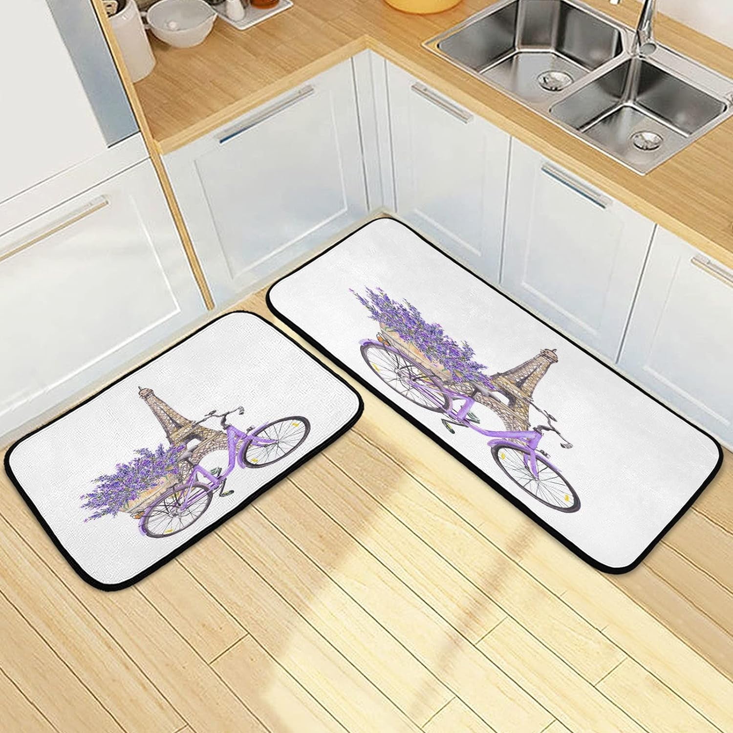 SKYSONIC Lavender Eiffel Tower Kitchen Rugs Set of 2, Paris Bicycle ...